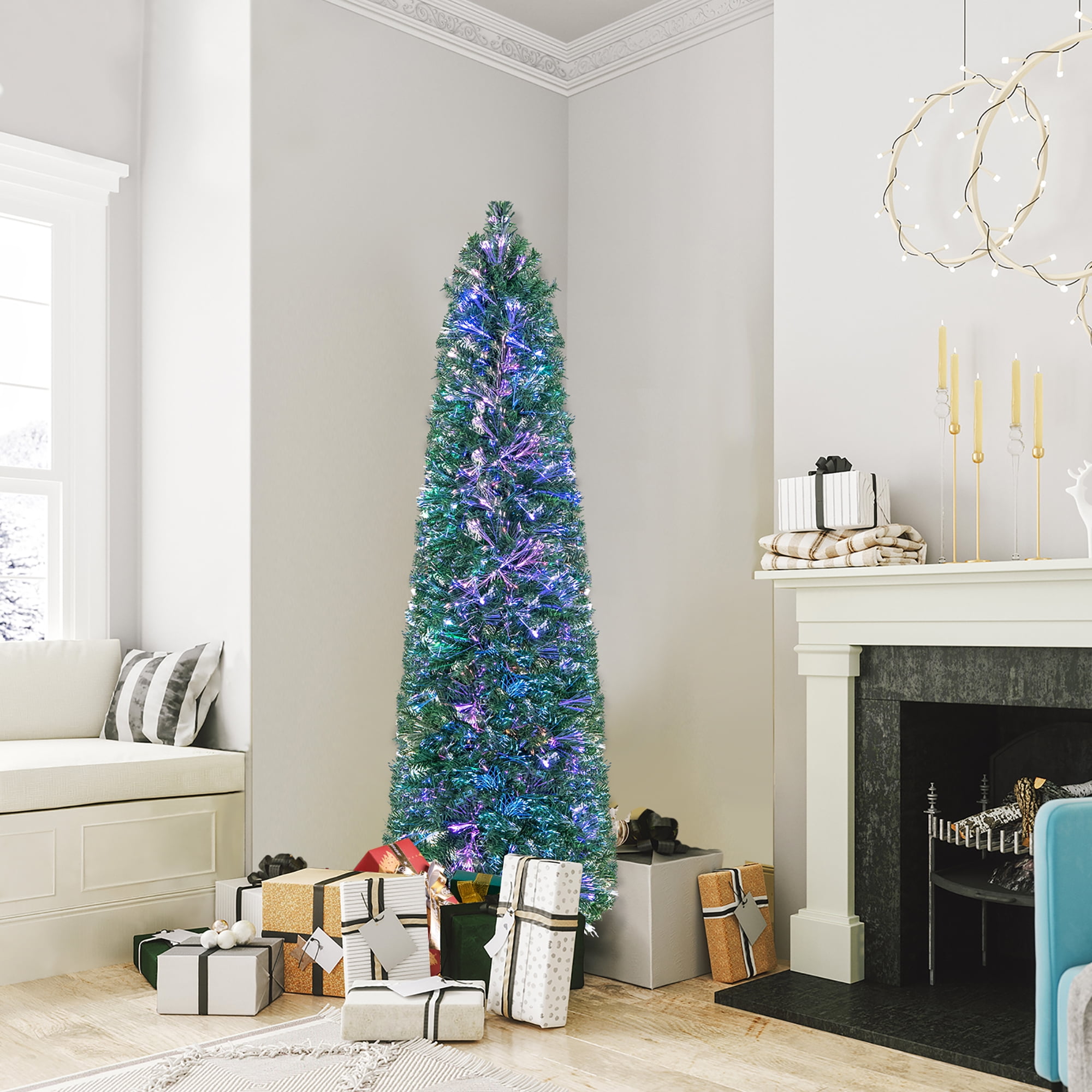 Gymax Pre-Lit 6 FT Fiber Optic Slim Pencil Christmas Tree w/ Colorful ...