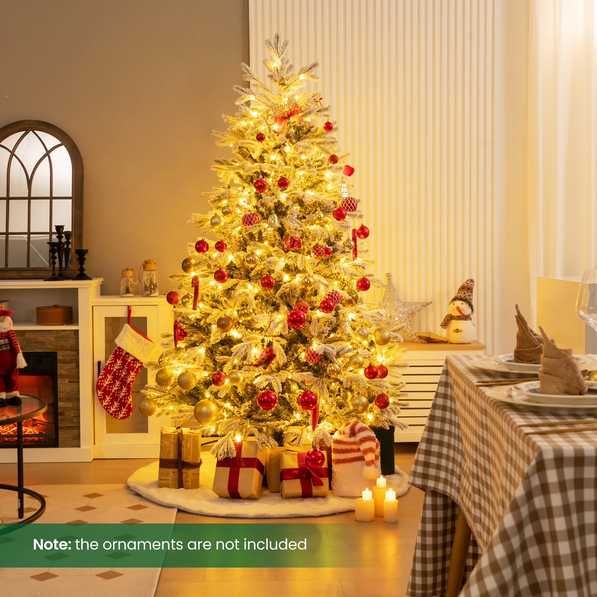 Gymax 6 FT Pre-Lit Snow-Flocked Artificial Christmas Tree Hinged ...