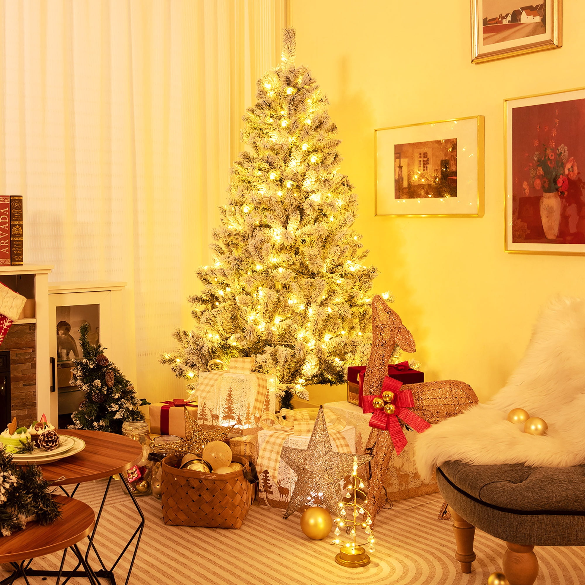 Gymax 6 FT Pre-Lit Snow-Flocked Xmas Tree 3-Minute-Setup Artificial ...