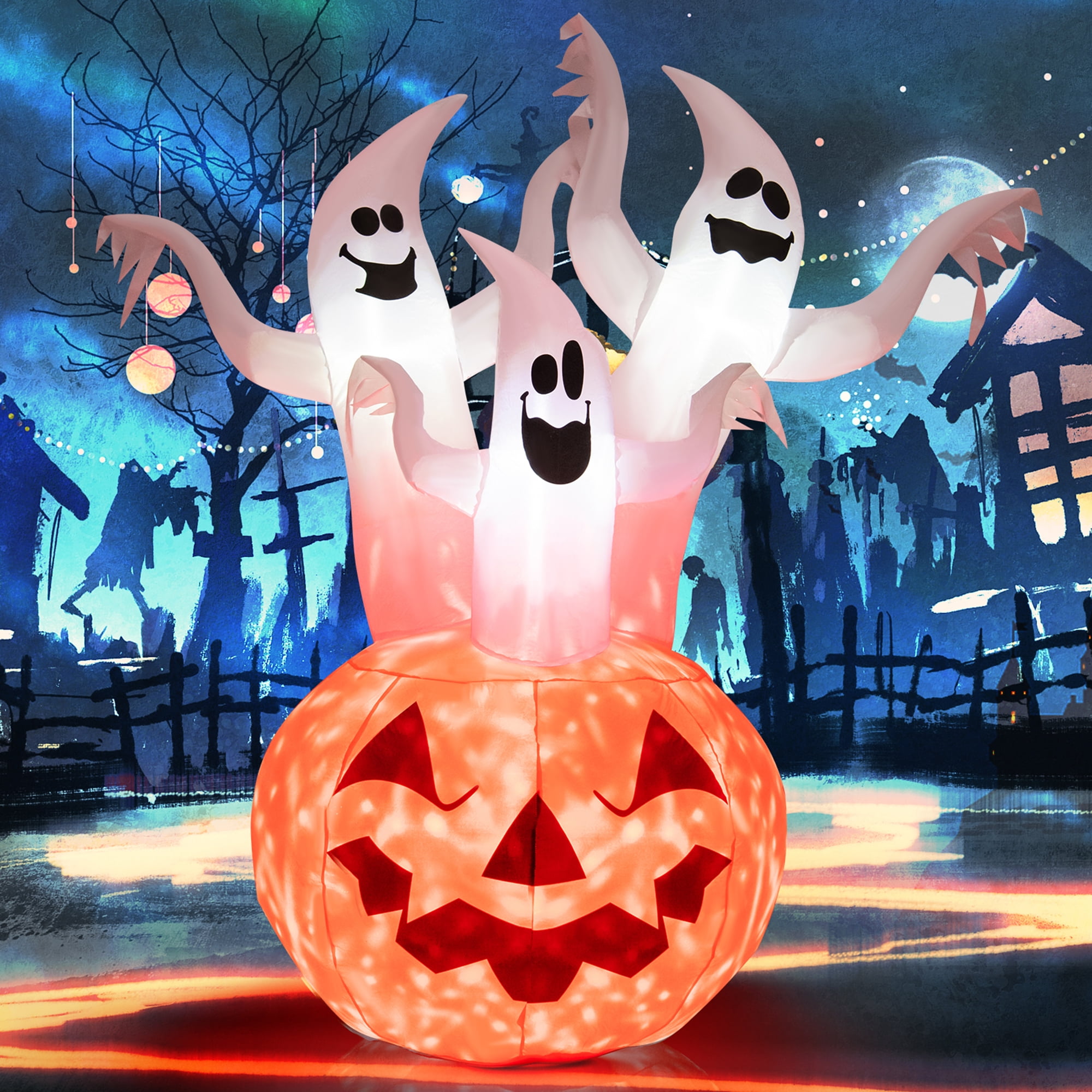 Gymax 6' Halloween Ghost Blow Up Yard Pumpkin Decor w/ Built-in LED ...