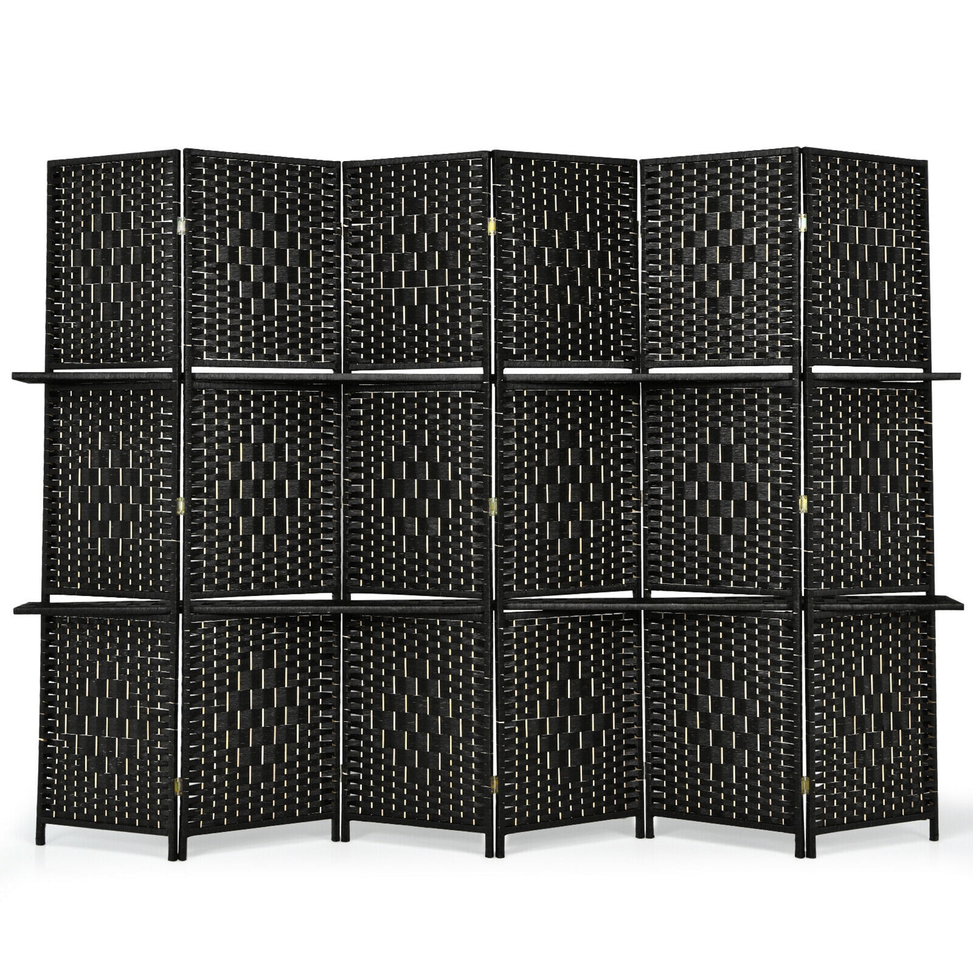 Gymax 6-Panel Portable Divider, 6Ft Weave Fiber Screen with 2 Shelves ...