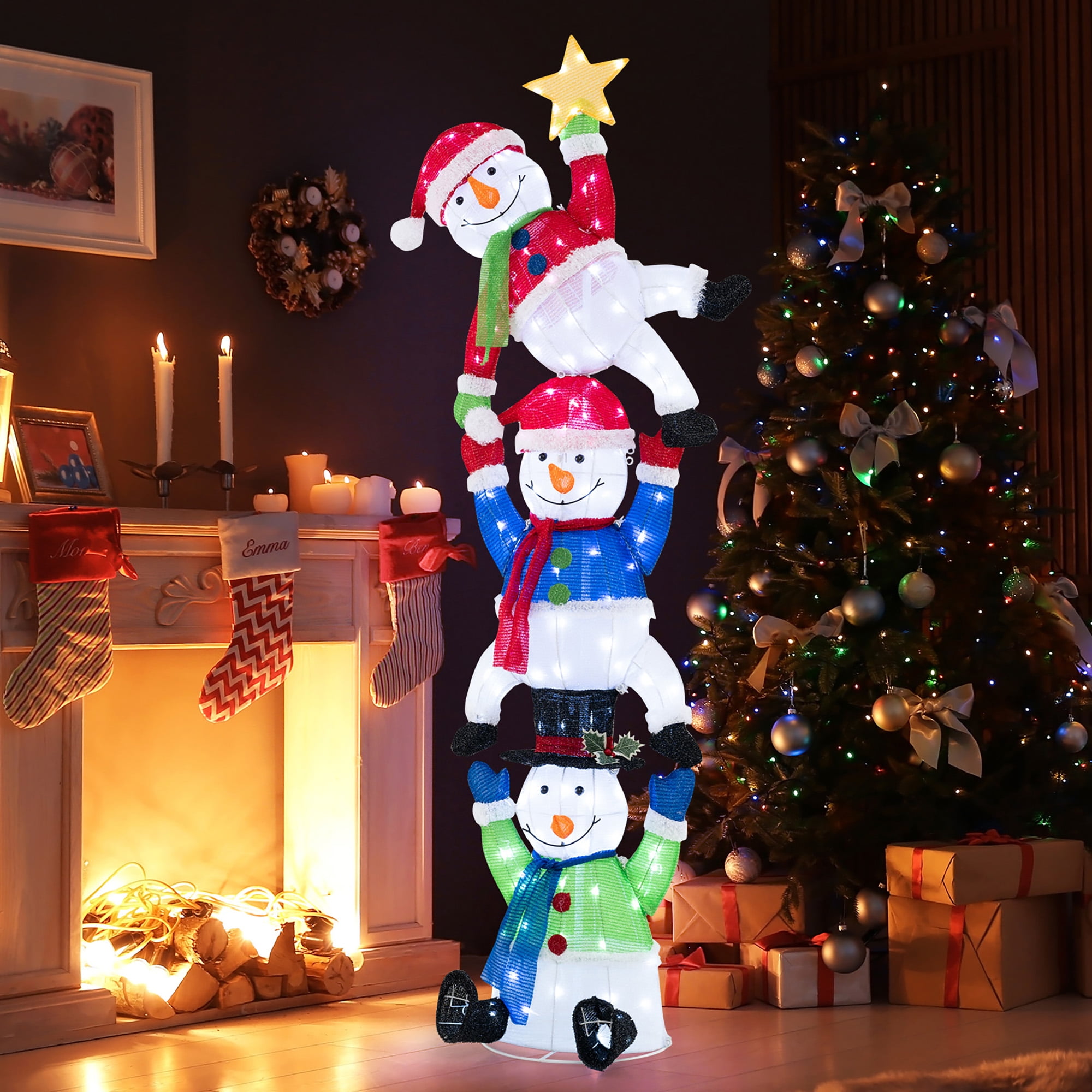Gymax 6 ft 3D Pre-Lit Christmas Stacked Snowman w/ 155 LED Lights Zip ...