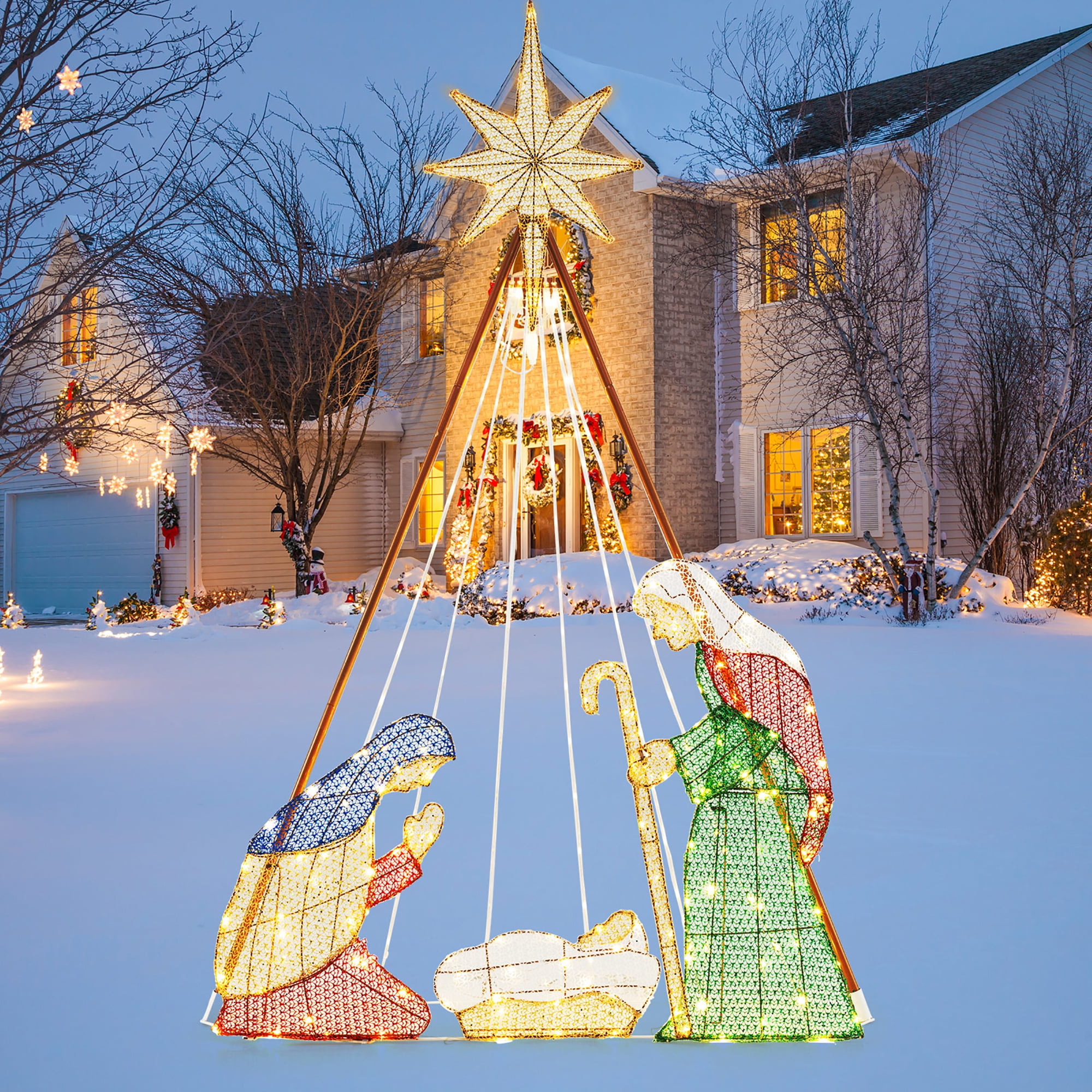 Gymax 6 ft Pre-Lit Nativity Scene Set Lighted Christmas Scene w/ 240 ...