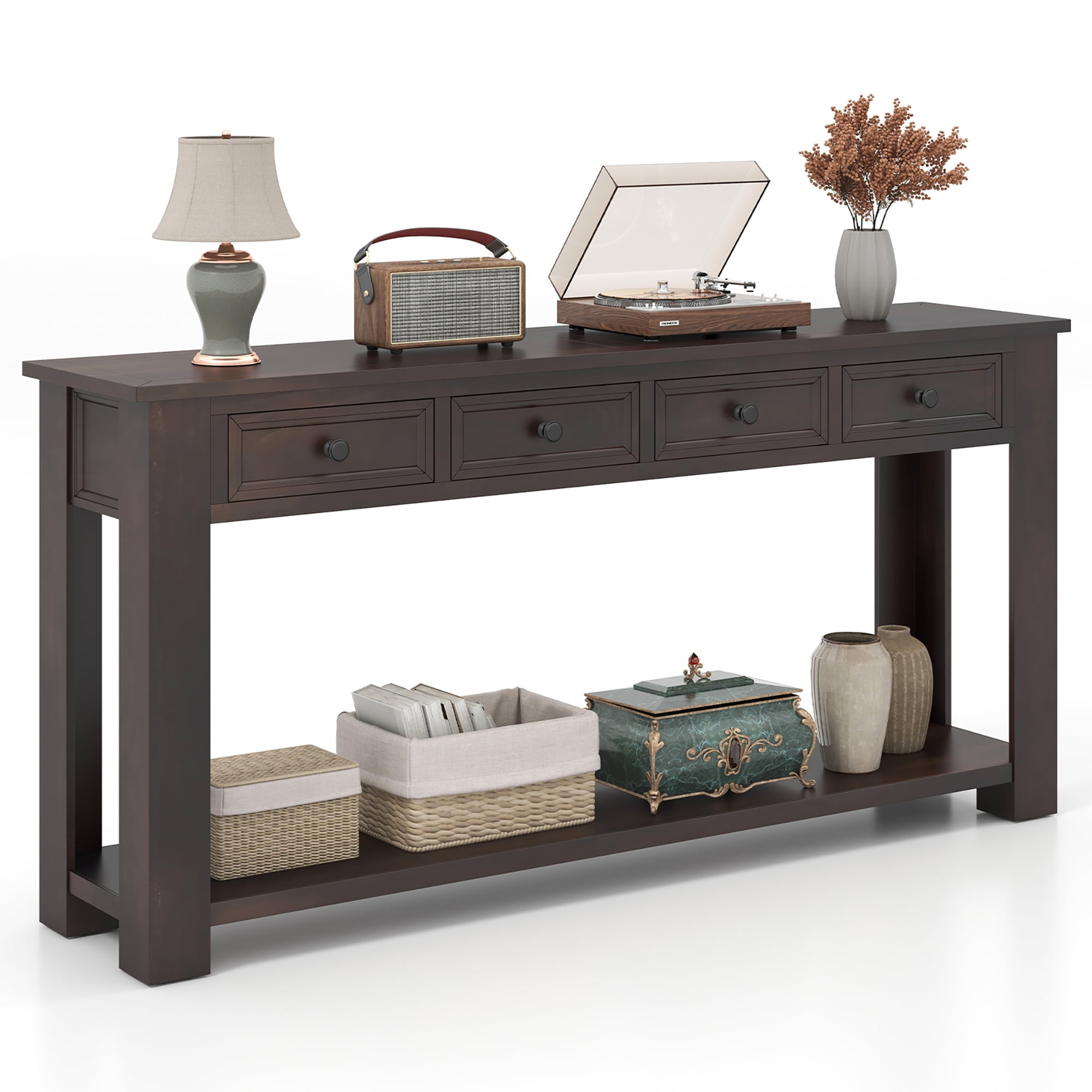 Gymax 63'' Farmhouse Entryway Table with 4 Storage Drawers and Open ...