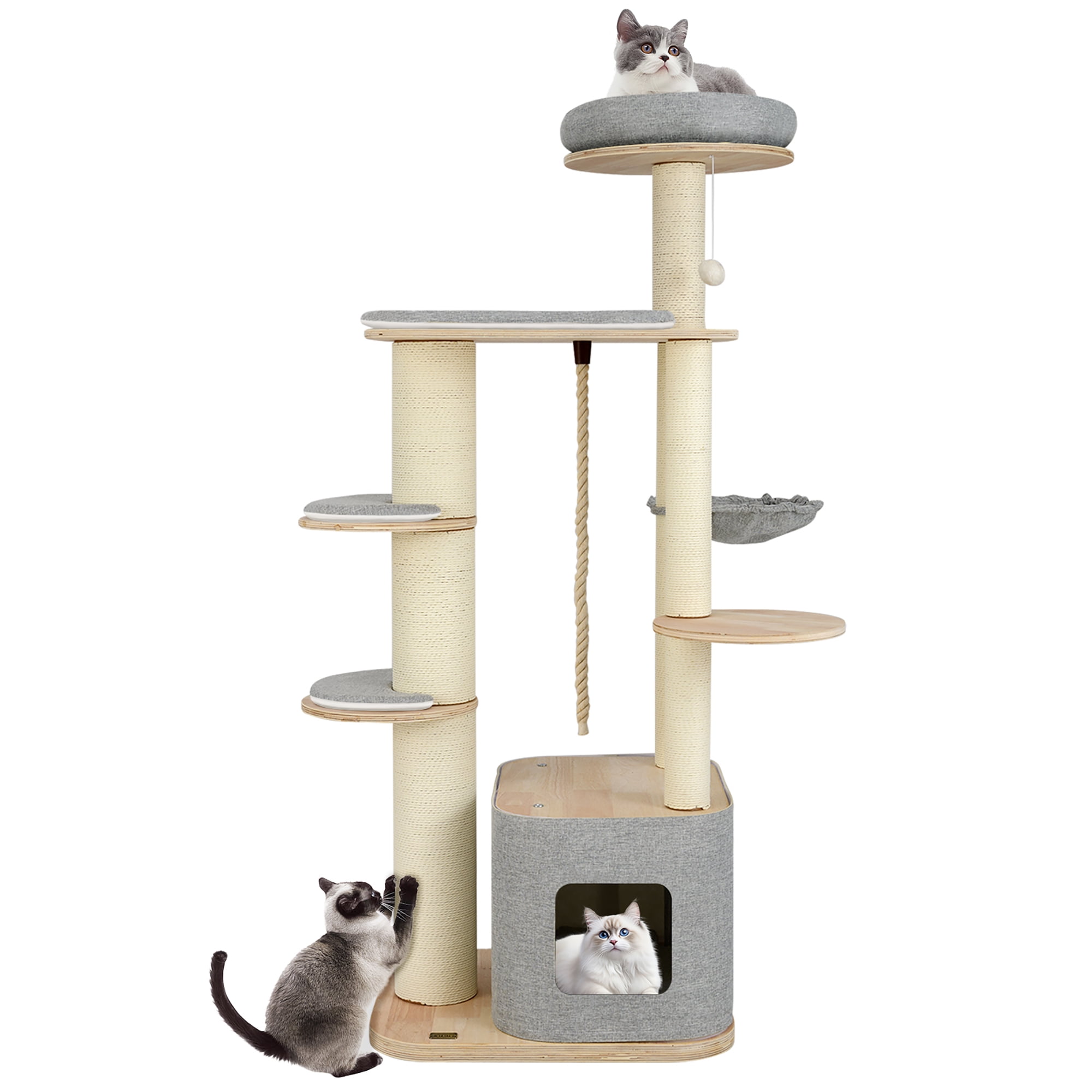 Gymax 63'' Tall Modern Cat Tree w/ Perch Condo Hammock 5.6'' Scratching ...