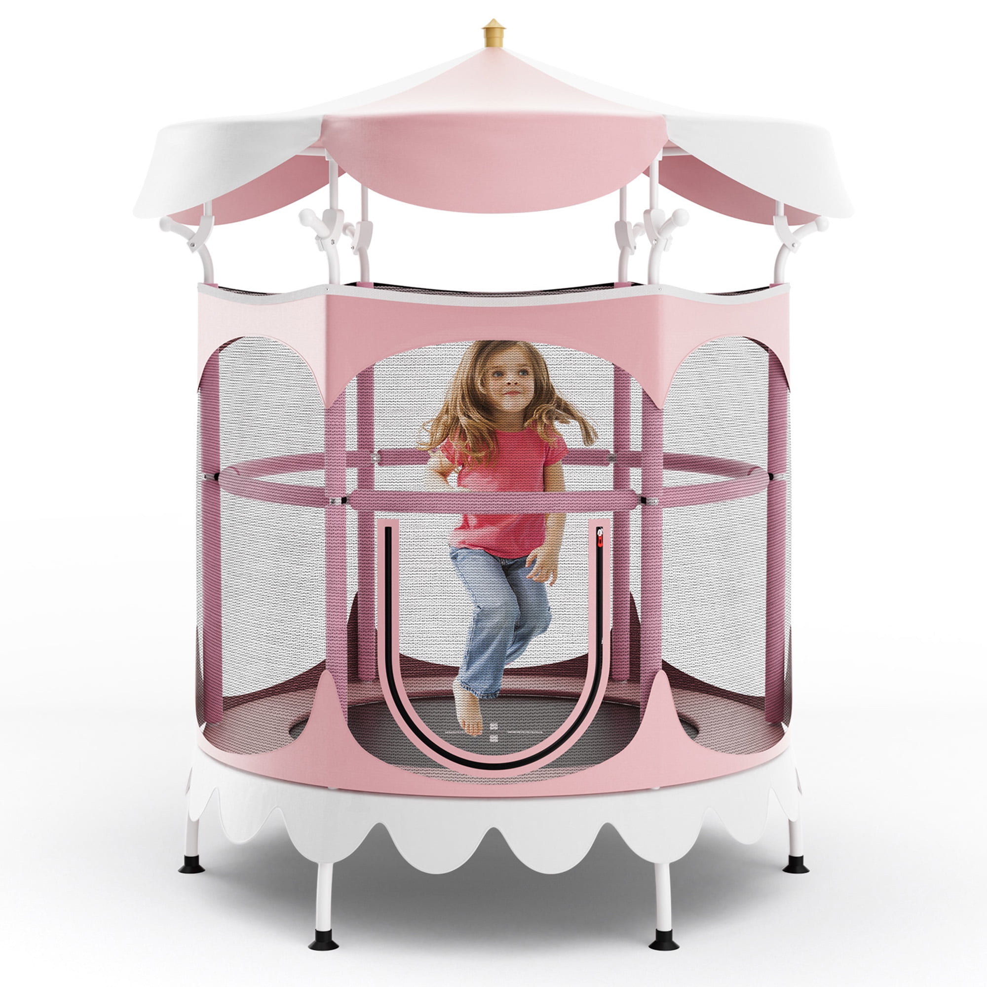 Gymax 64'' Kids Trampoline w/ Detachable Canopy Safety Enclosure Net ...
