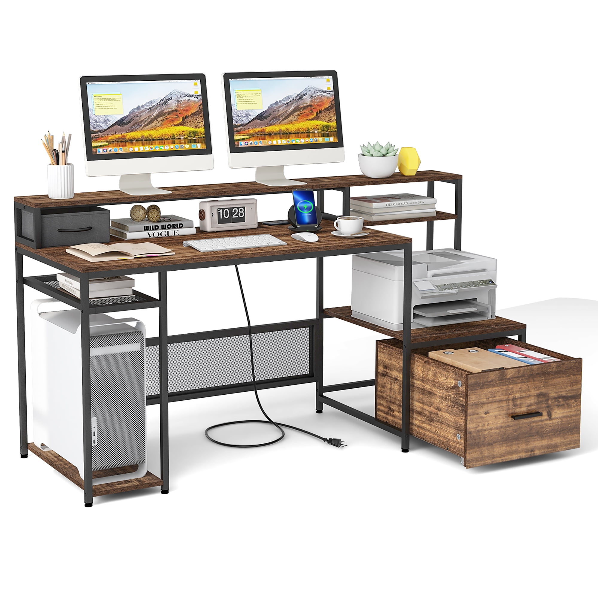 Gymax 67'' Computer Desk w/ Monitor Stand & File Drawer Power Outlets ...
