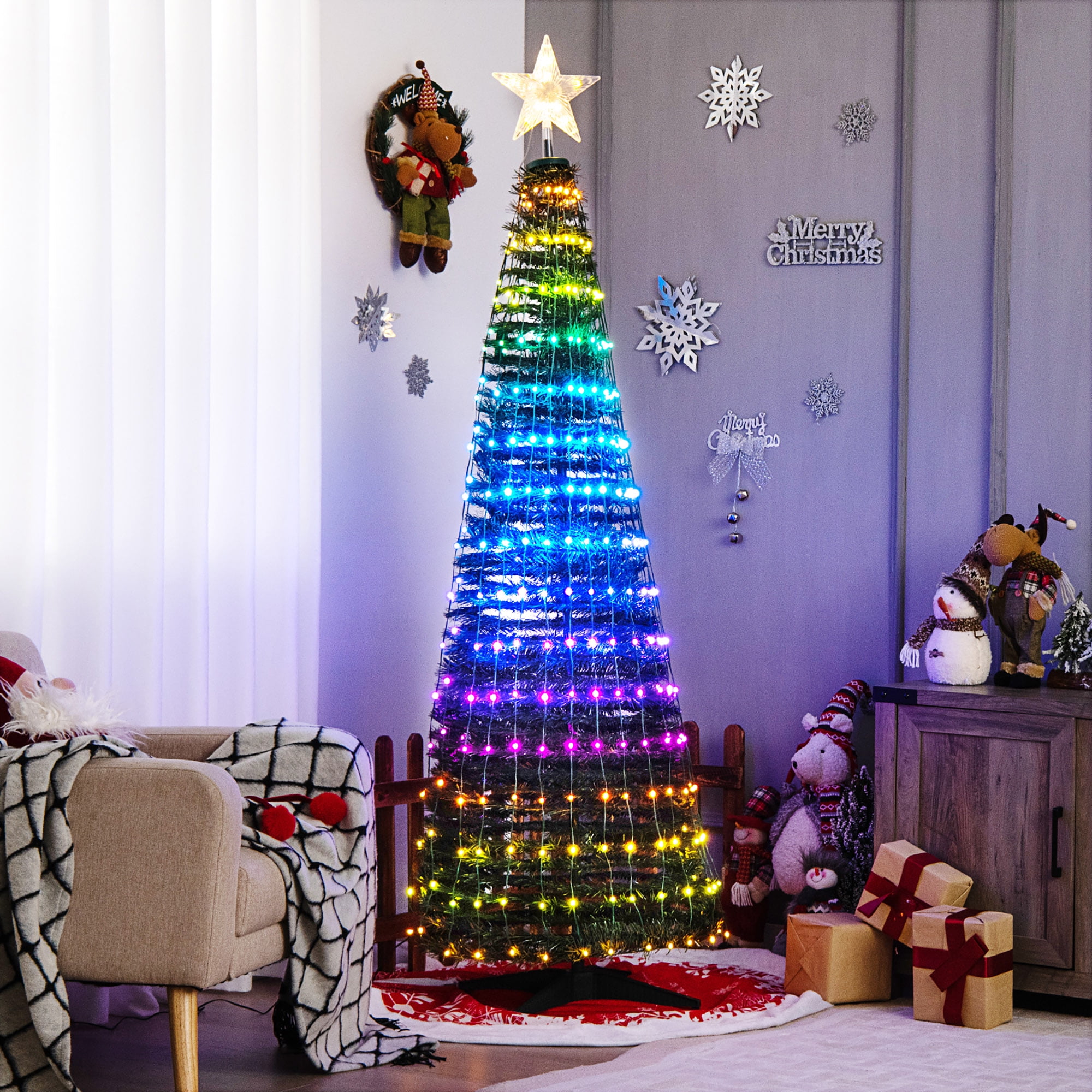 Gymax 6FT Pre-lit Retractable Outdoor Christmas Tree Decor with Remote ...