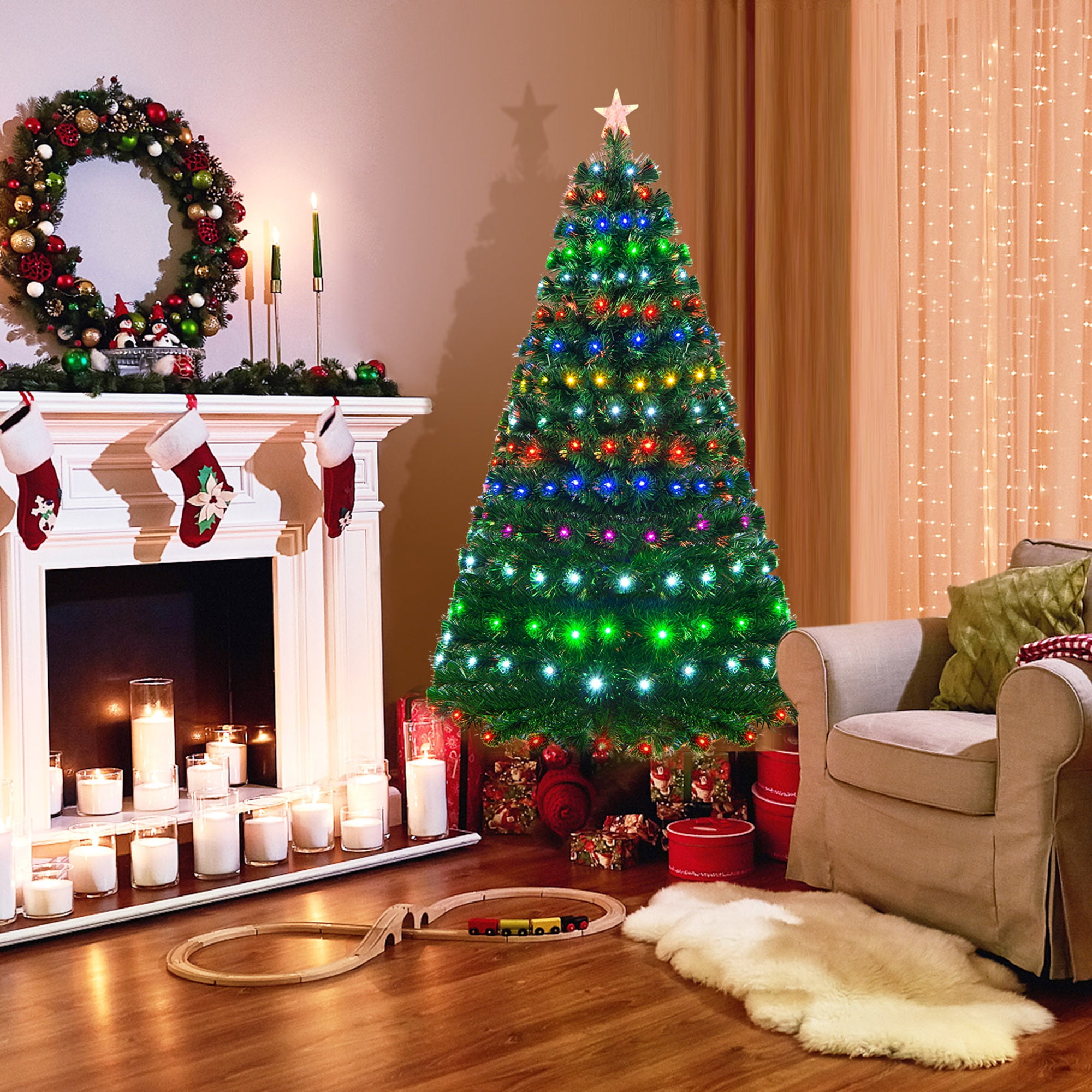 Gymax 6Ft Pre-lit Optical Fiber Christmas Tree w/ Colorful LED Lights ...