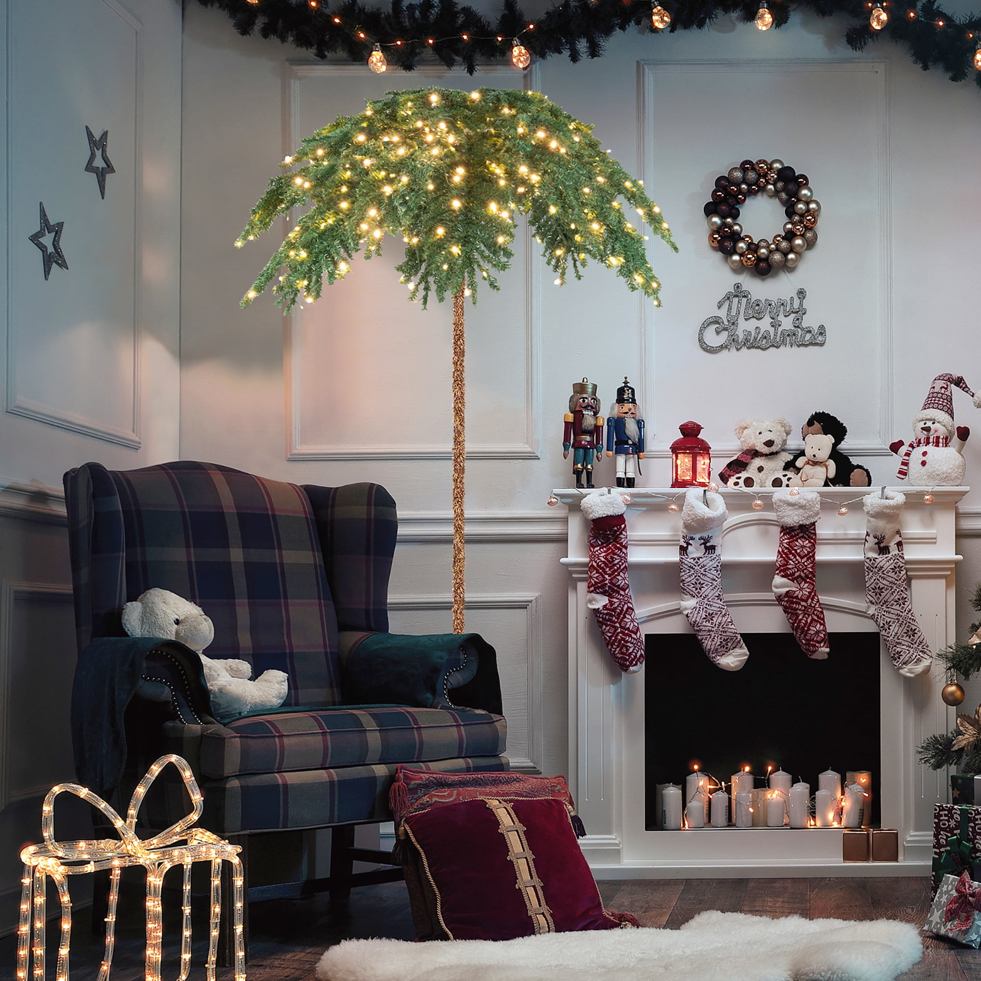 Gymax 6ft Pre-lit Artificial Palm Christmas Tree, Indoor/Outdoor with ...