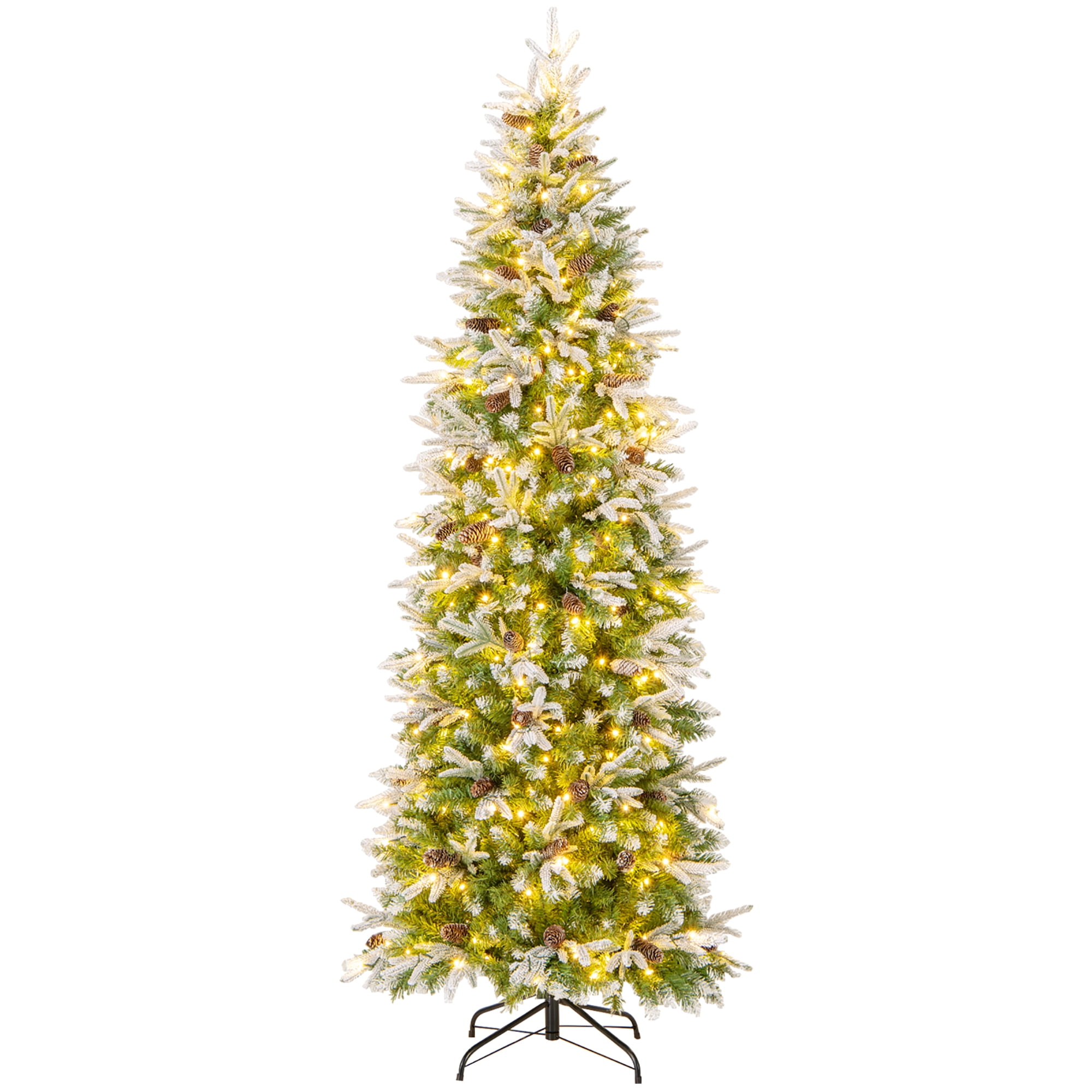 Gymax 7.5 FT Pre-Lit Artificial Christmas Tree Snow Flocked Hinged Xmas ...
