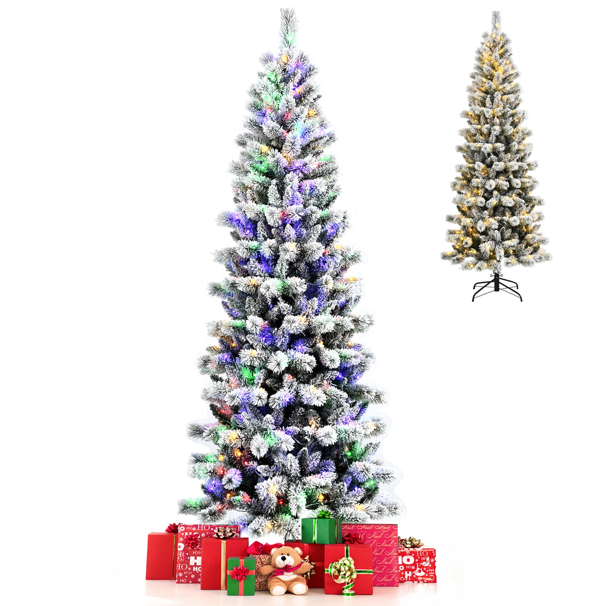 Gymax 7.5 ft Pre-lit Full Decorated XMAS Tree, Snow Flocked Artificial ...