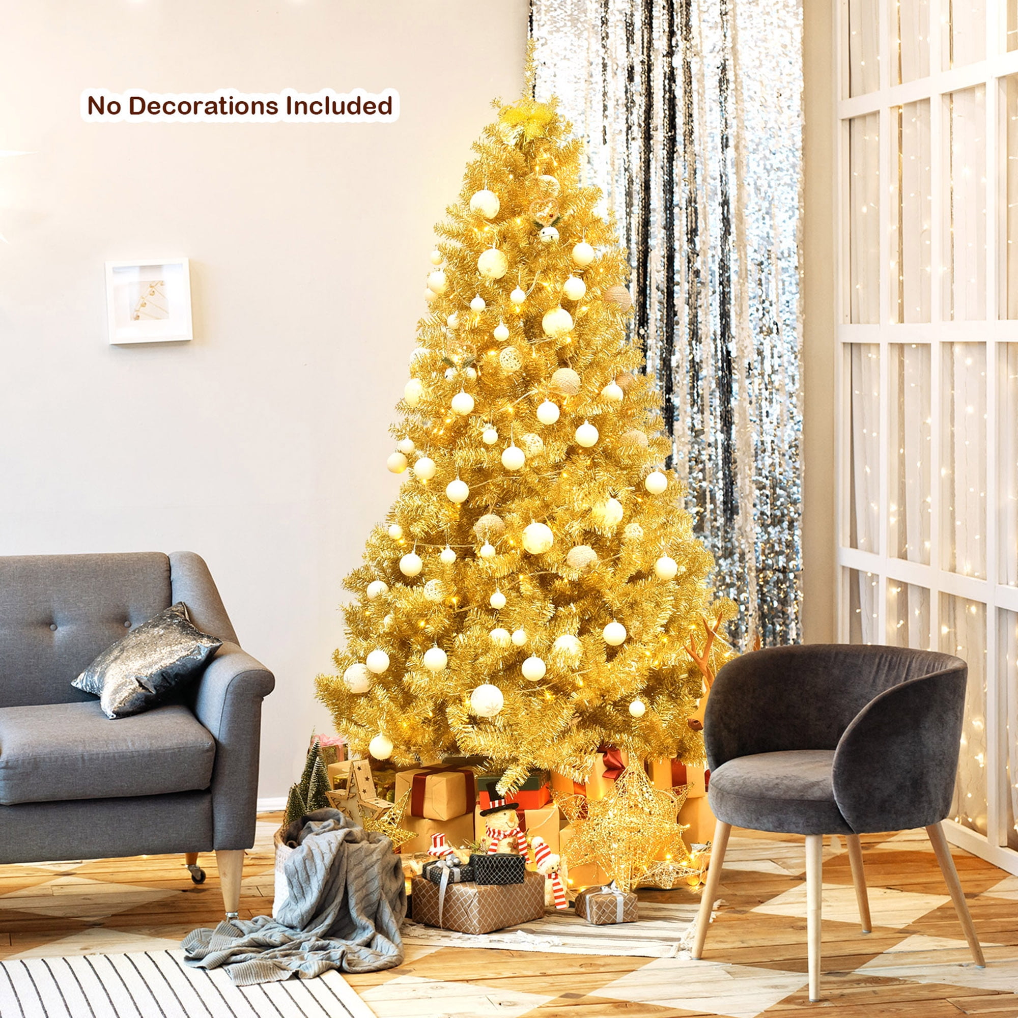 Gymax 7.5FT Full XMAS Tinsel Tree, Artificial Hinged with Metal Stand ...