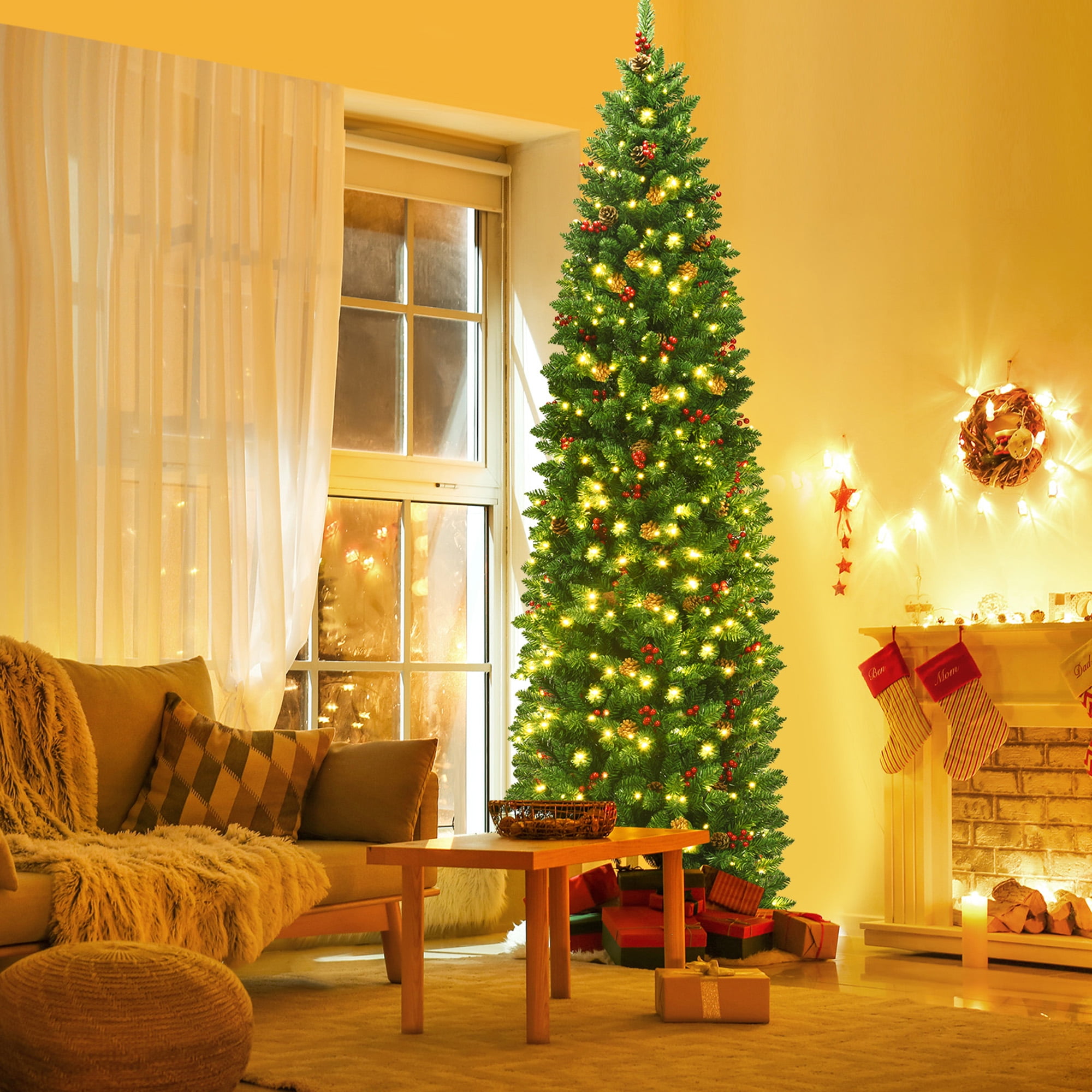 Gymax 7.5Ft Pre-Lit Slim Pencil Christmas Tree with Hinged, Non ...