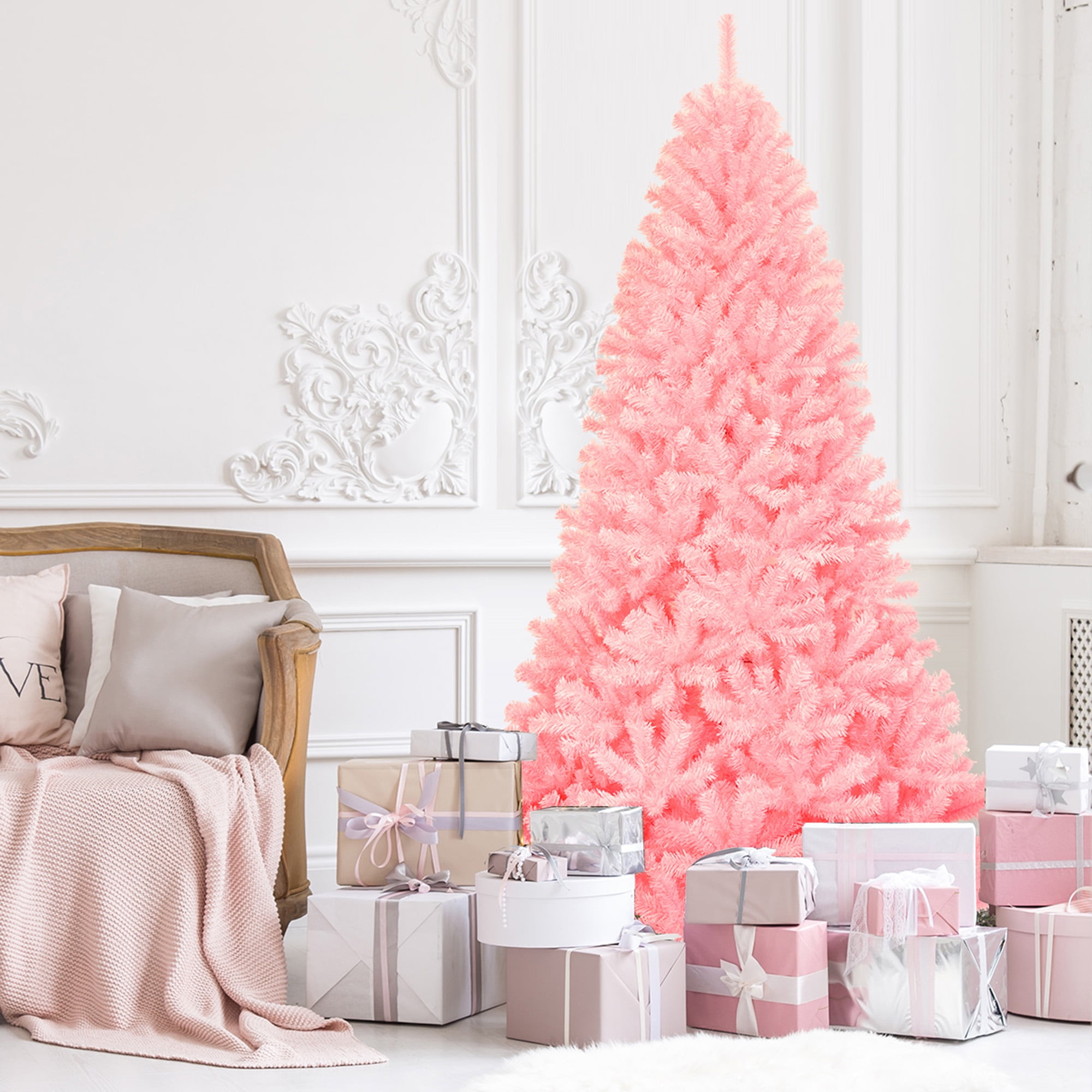 Gymax 7.5ft Pink Artificial Christmas Tree Hinged Spruce Full Tree w ...