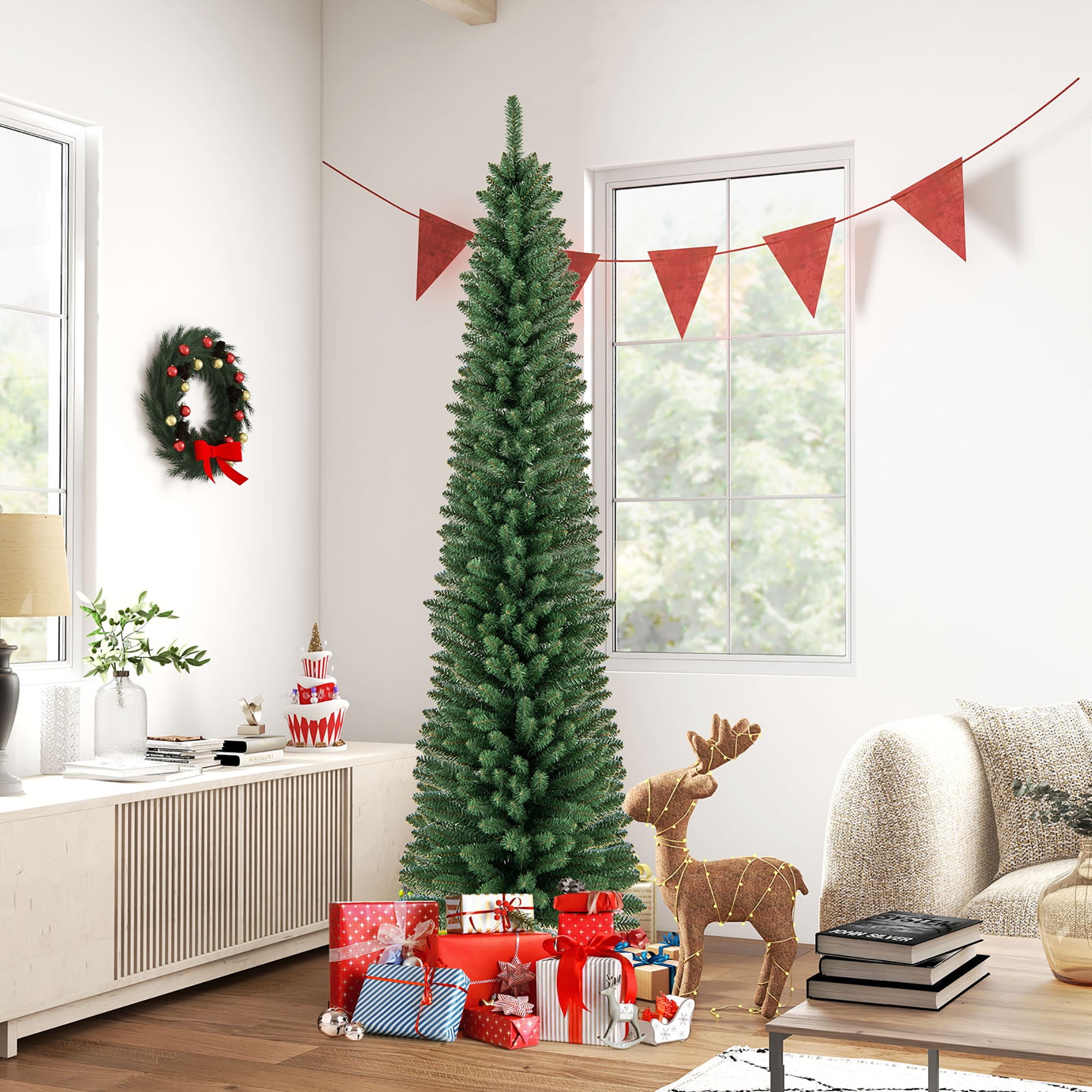 Gymax 7 FT Pencil Christmas Tree Artificial Xmas Tree w/ 523 Memory ...