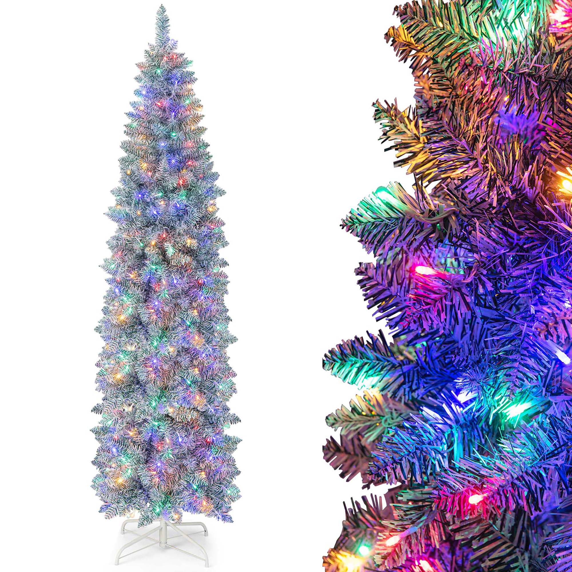 Gymax 7 FT Pre-Lit Artificial Christmas Tree Hinged Slim Pencil ...
