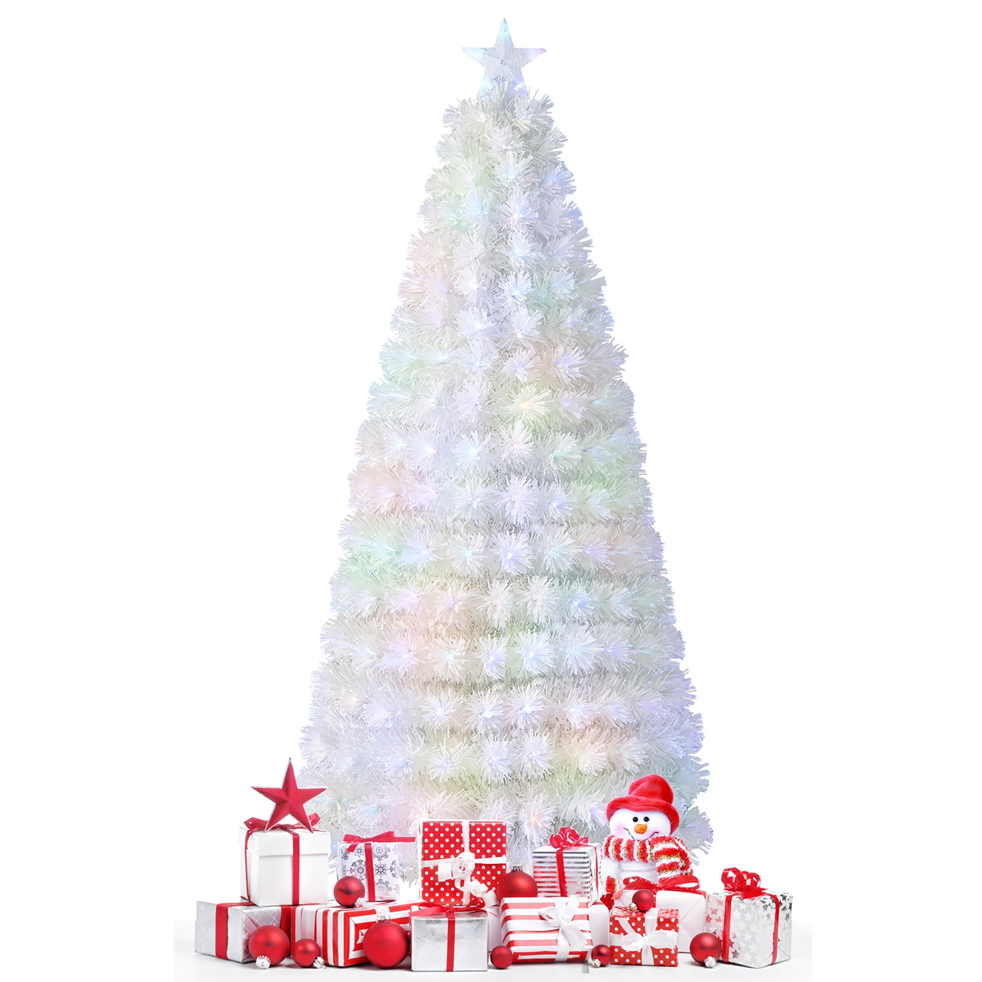 Gymax 7 FT Frosted Pre-Lit Xmas Tree with Fiber Optics, Snow-Flocked ...