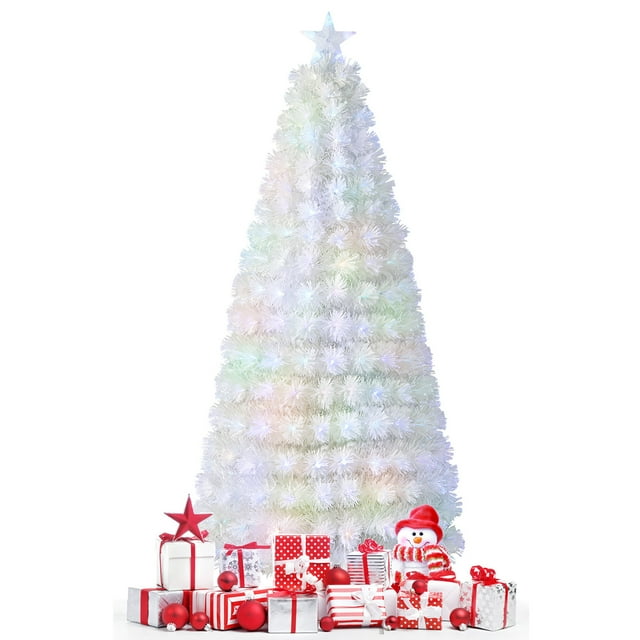 Gymax 7 FT Frosted Pre-Lit Xmas Tree with Fiber Optics, Snow-Flocked Artificial Christmas Tree ...