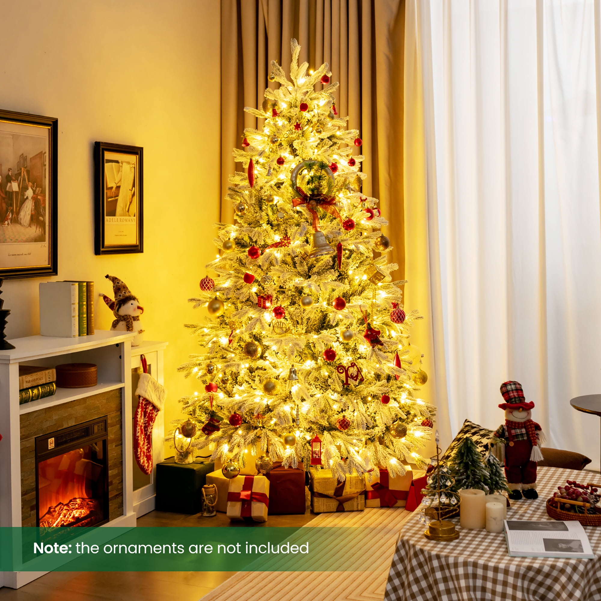 Gymax 7 FT Pre-Lit Snow-Flocked Artificial Christmas Tree Hinged Christmas Tree w/ 1328 Branch ...