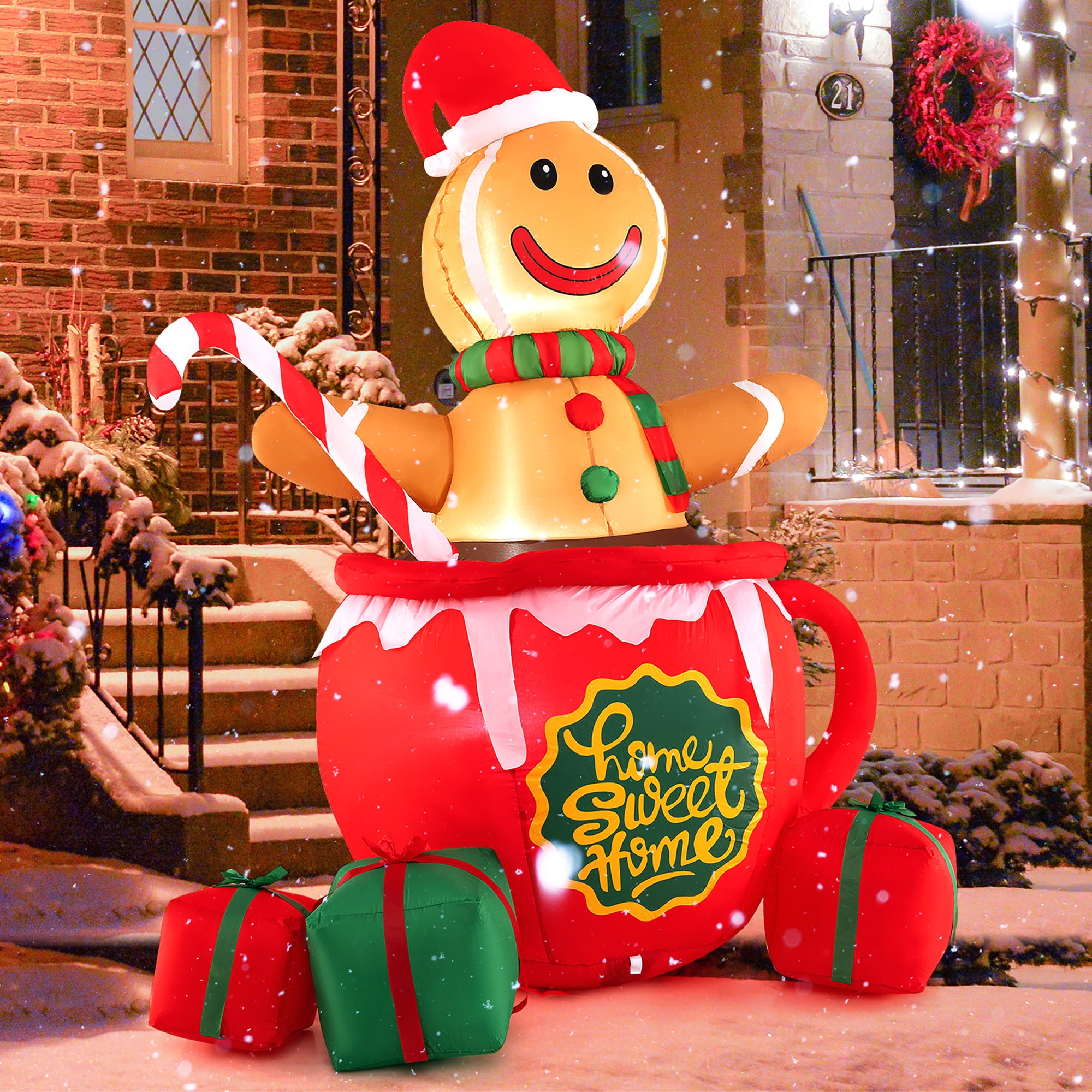 Gymax 7 Ft Christmas Inflatable Blow up Pre-Lit Gingerbread Man in Mug ...