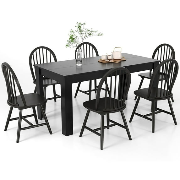 Gymax 7-Piece Dining Set - Rectangular Wooden Table and 6 Windsor ...