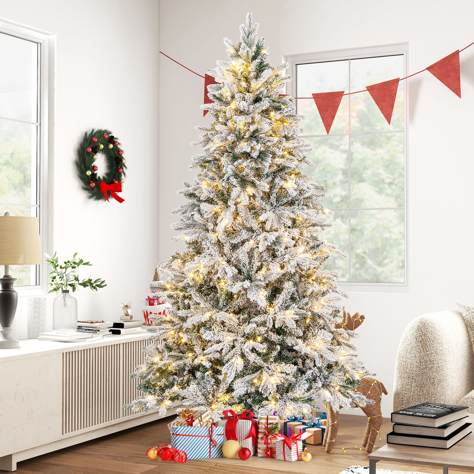Gymax 7 ft Pre-Lit Artificial Christmas Tree, Extra Full Snow Flocked ...