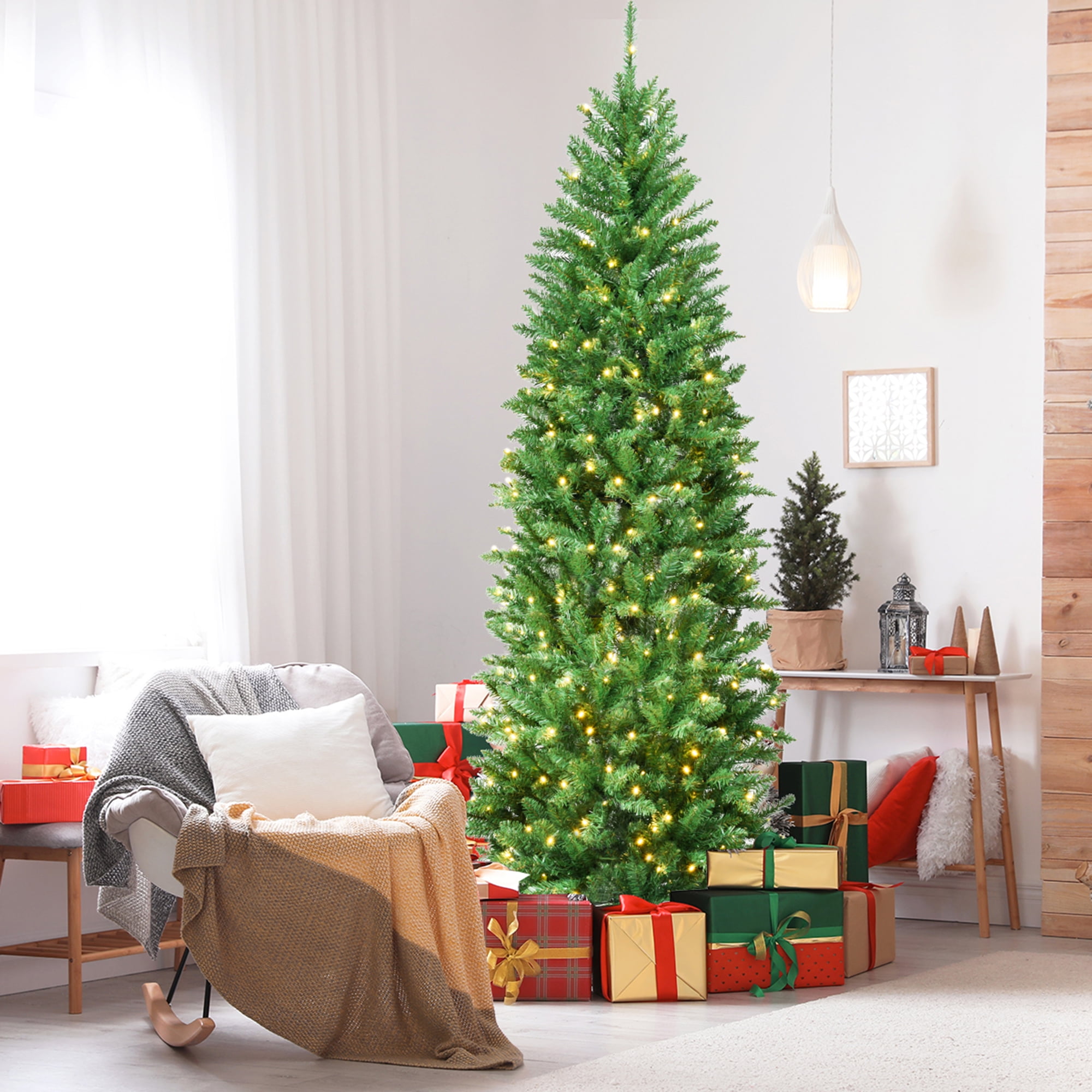 Gymax 7 ft Pre-lit Slimline XMAS PVC Skinny Pencil Christmas Tree ...