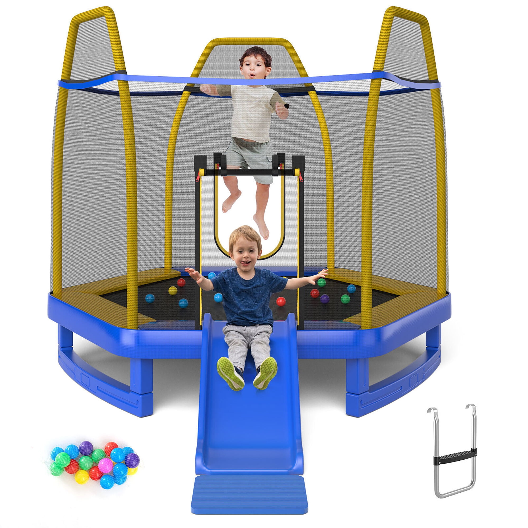 Gymax 7FT Kids Recreational Trampoline w/ Ladder, Slide & Ocean Ball ...