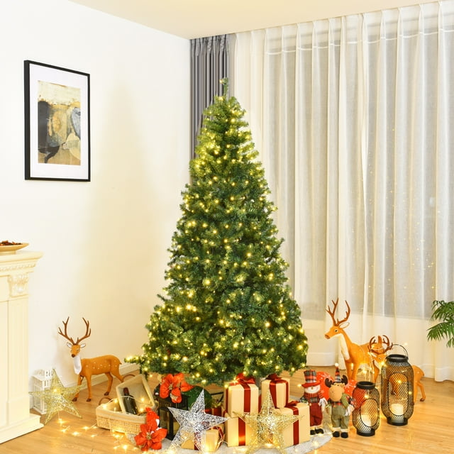 Gymax 7FT Pre-Lit Christmas Tree Hinged Artificial Tree w/ Colorful LED ...