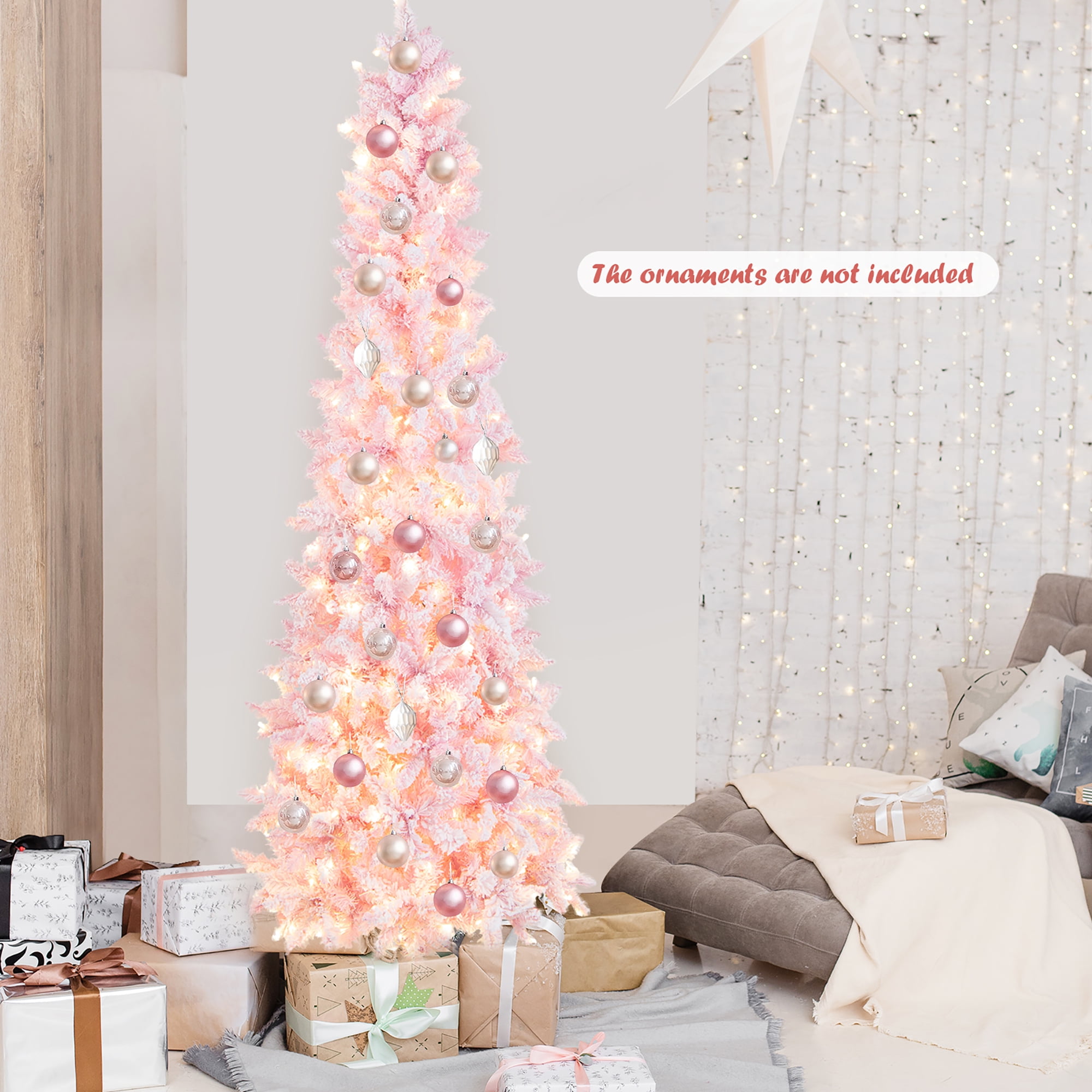 Gymax 7FT Pre-Lit Flocked Christmas Pencil Snow Tree Holiday Decor Tree w/ LED Lights - Walmart.com