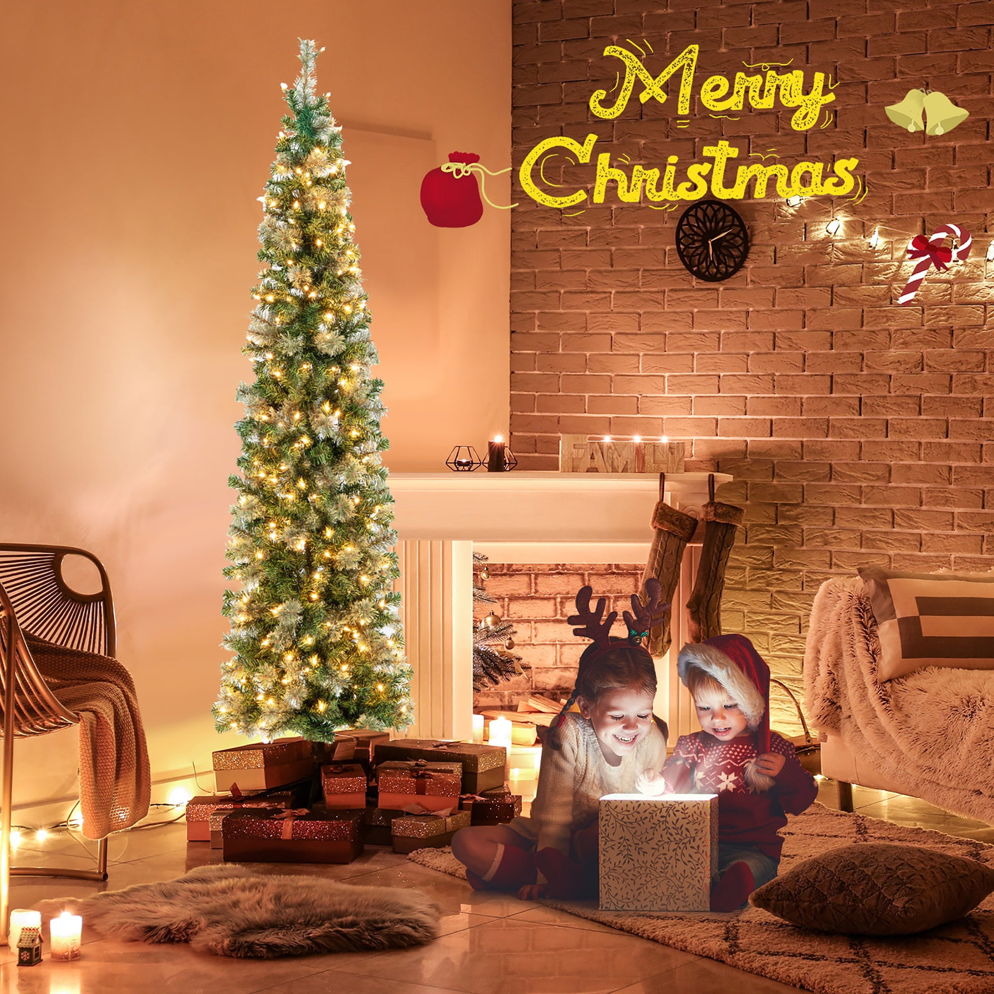 Gymax 7FT Pre-lit Indoor Decorative Half Christmas Tree with Pine ...