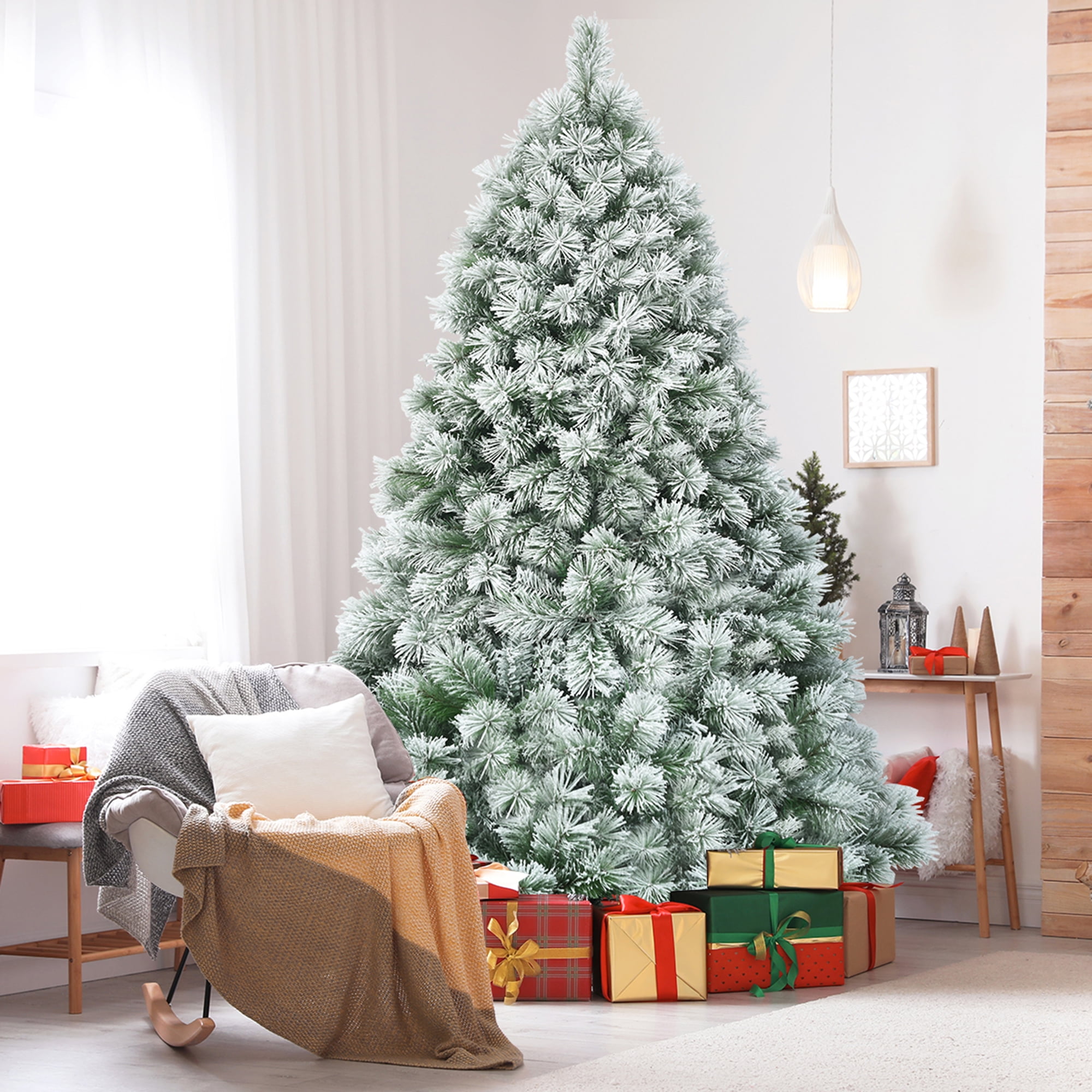 Gymax 7FT Snow Flocked Artificial Christmas Tree Hinged Pine Tree w ...