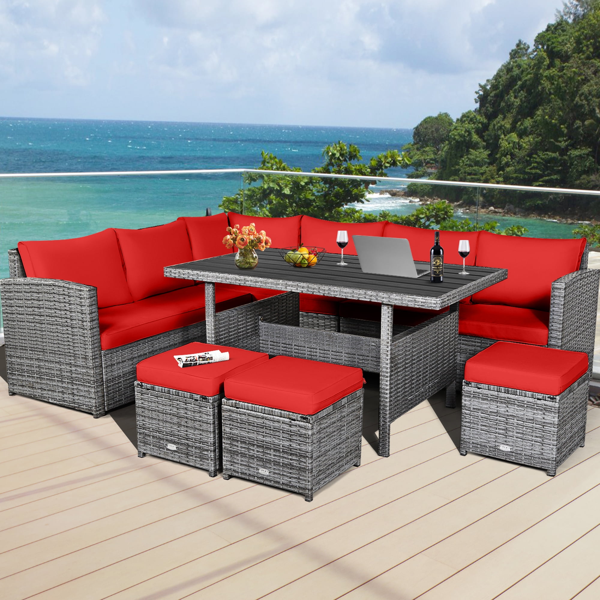 Gymax 7PCS Outdoor Rattan Sectional Patio Sofa Set for Deck w/ Red ...