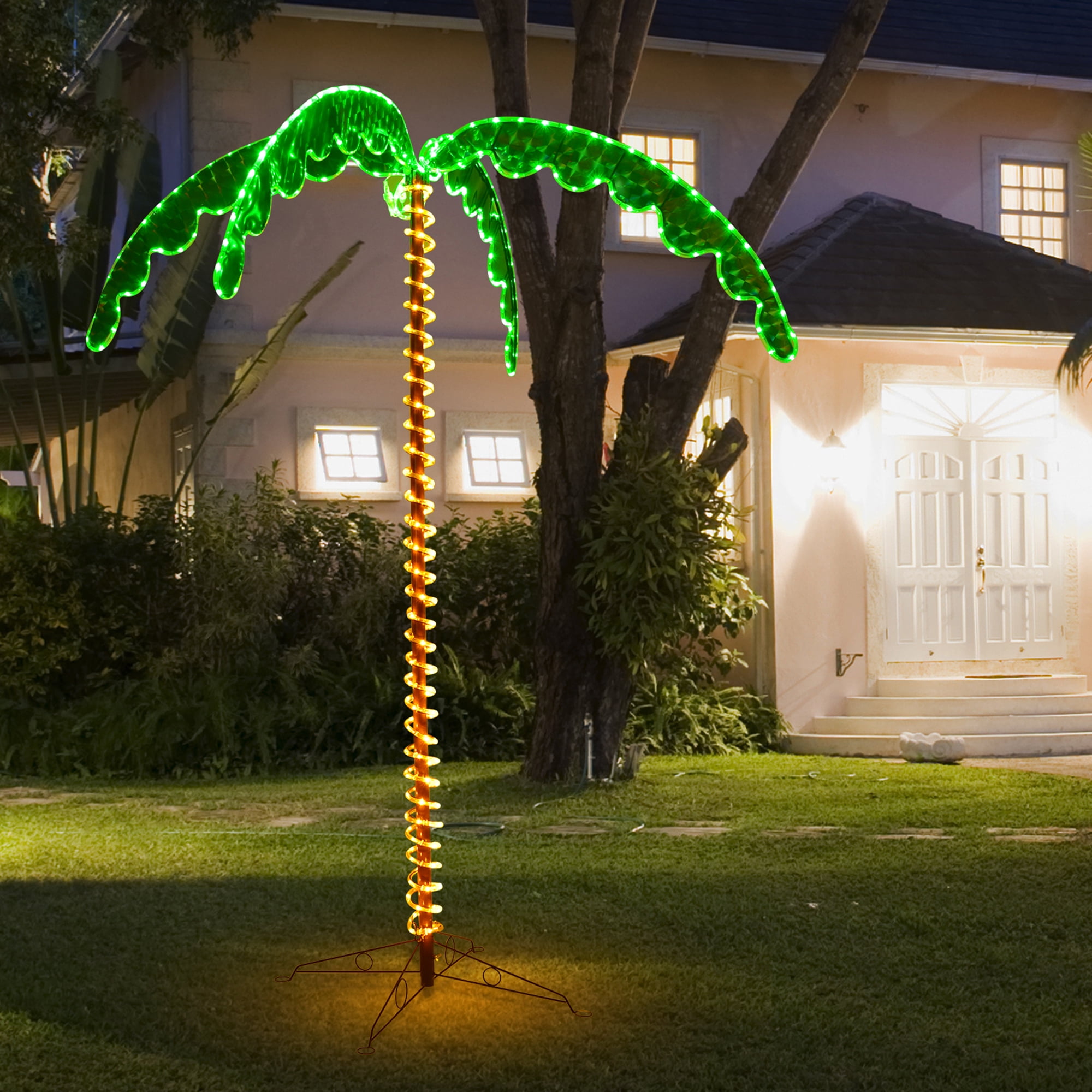 Gymax 7ft Outdoor Tropical Pre-Lit LED Palm Tree Holiday Decor with 306 ...