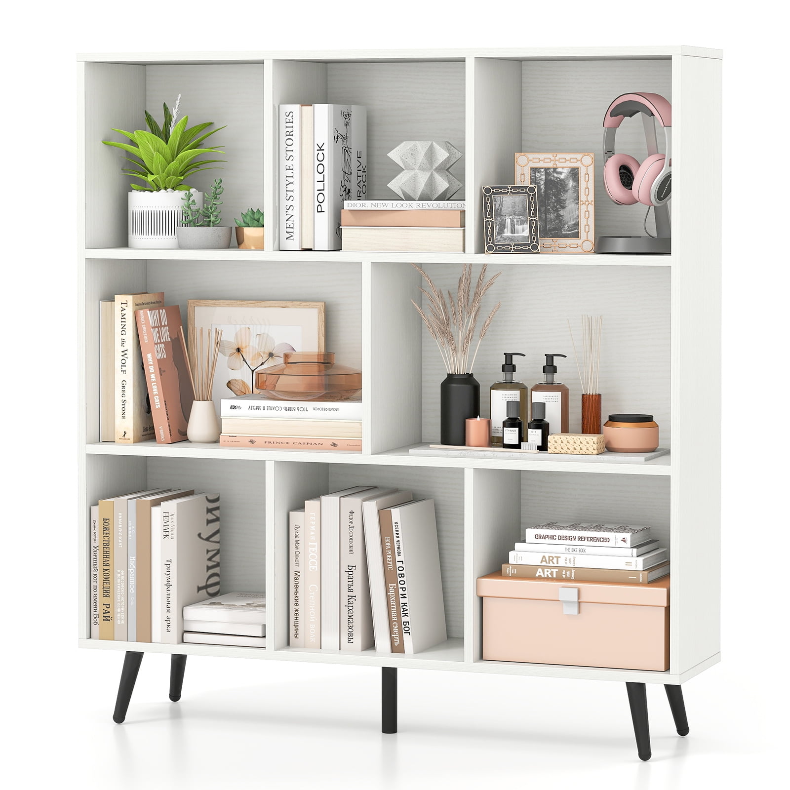 Gymax 8 Cube Bookcase 3-Tier Modern Storage Organizer w/ 5 Metal Legs ...