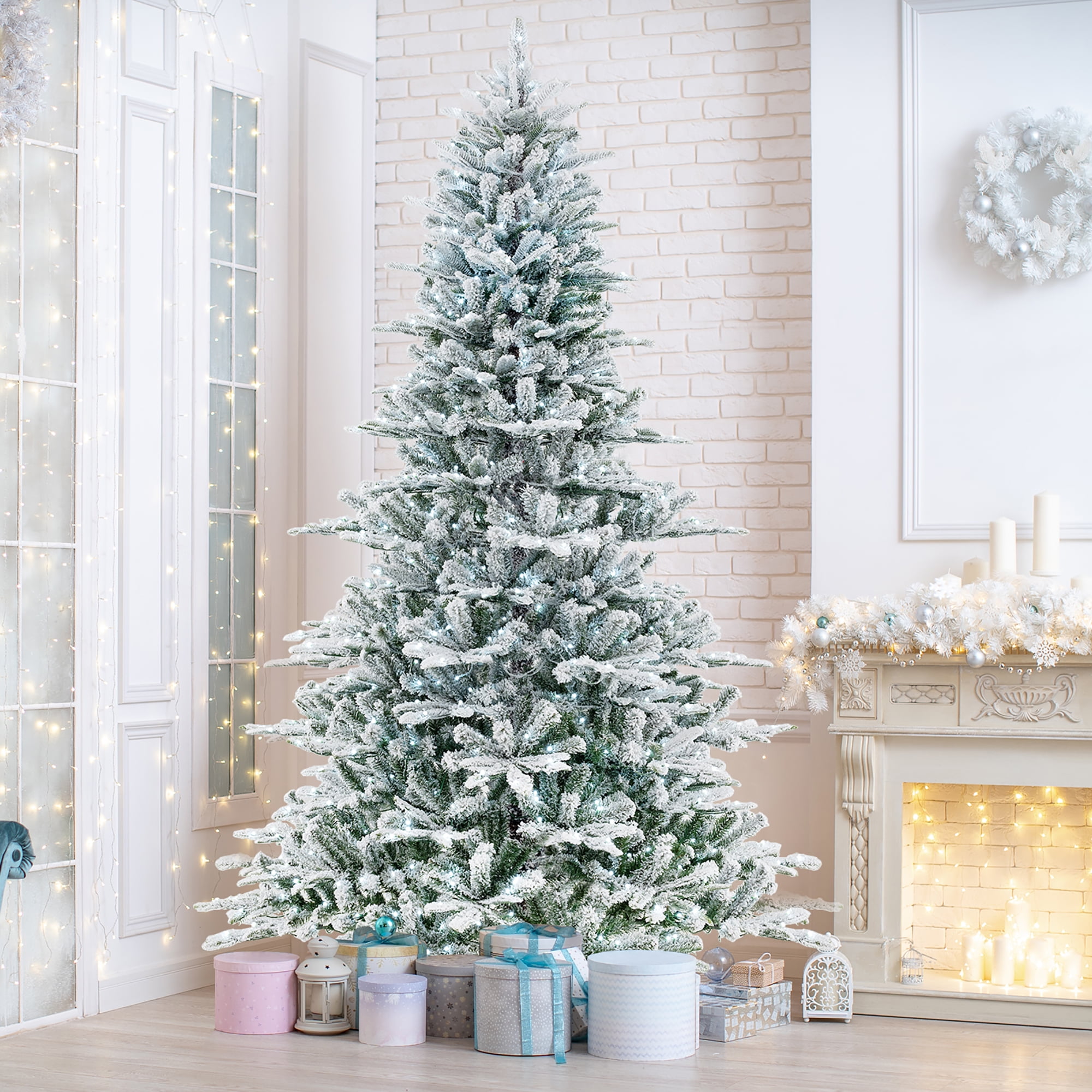 Gymax 8 FT Snow Flocked Artificial Christmas Tree w/ 1447 PVC & PE Tips ...