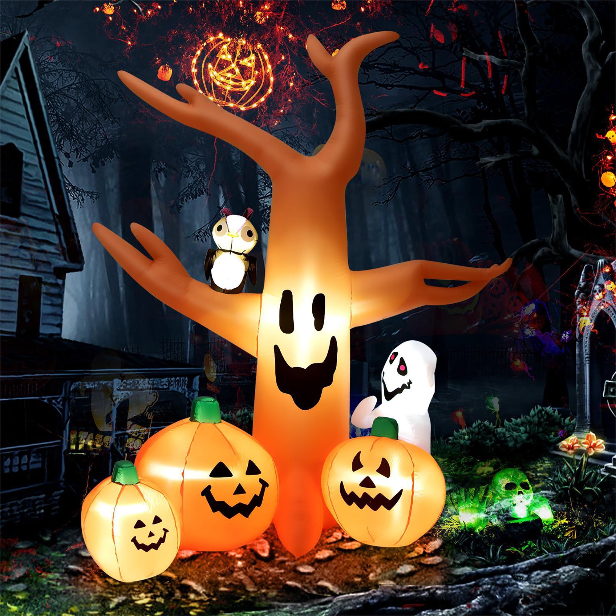 Gymax 8' Tall Halloween Inflatable Ghost Decorations, Blow Up Dead Tree ...