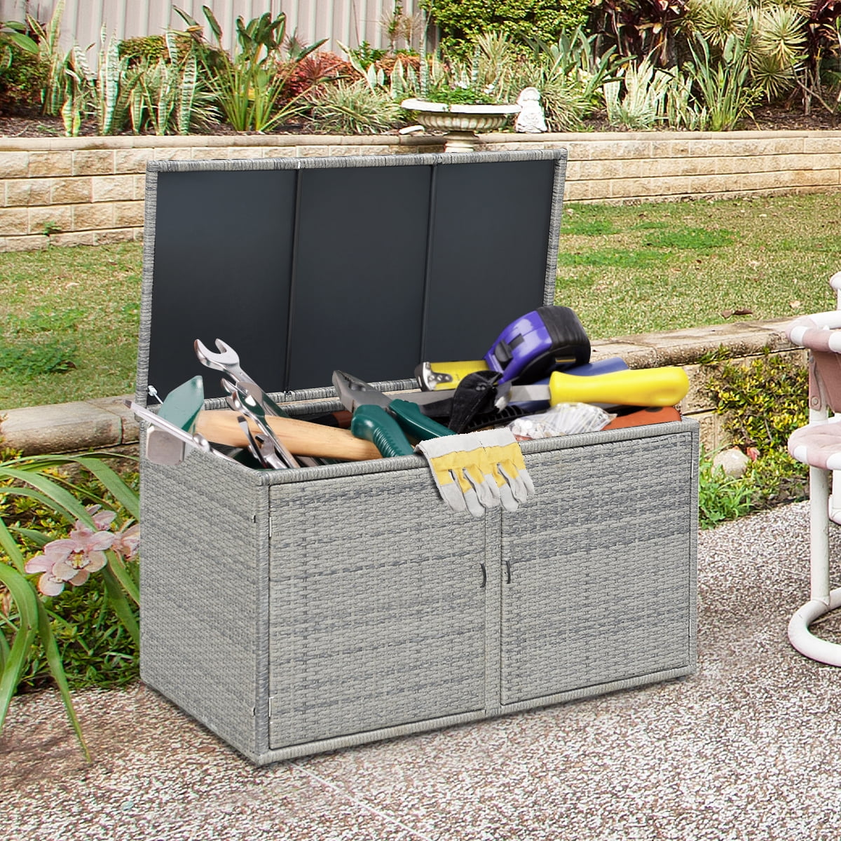 Gymax Rattan Outdoor Patio Storage Box, 88 Gallon Capacity with 2-Layer ...