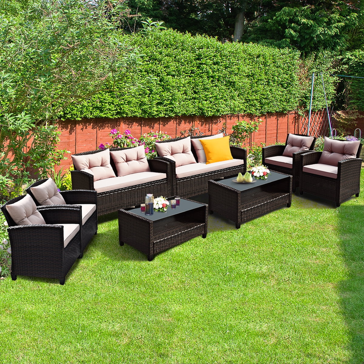 Gymax 8PCS Large Outdoor Rattan Furniture Set Cushioned Patio Sofa Set ...