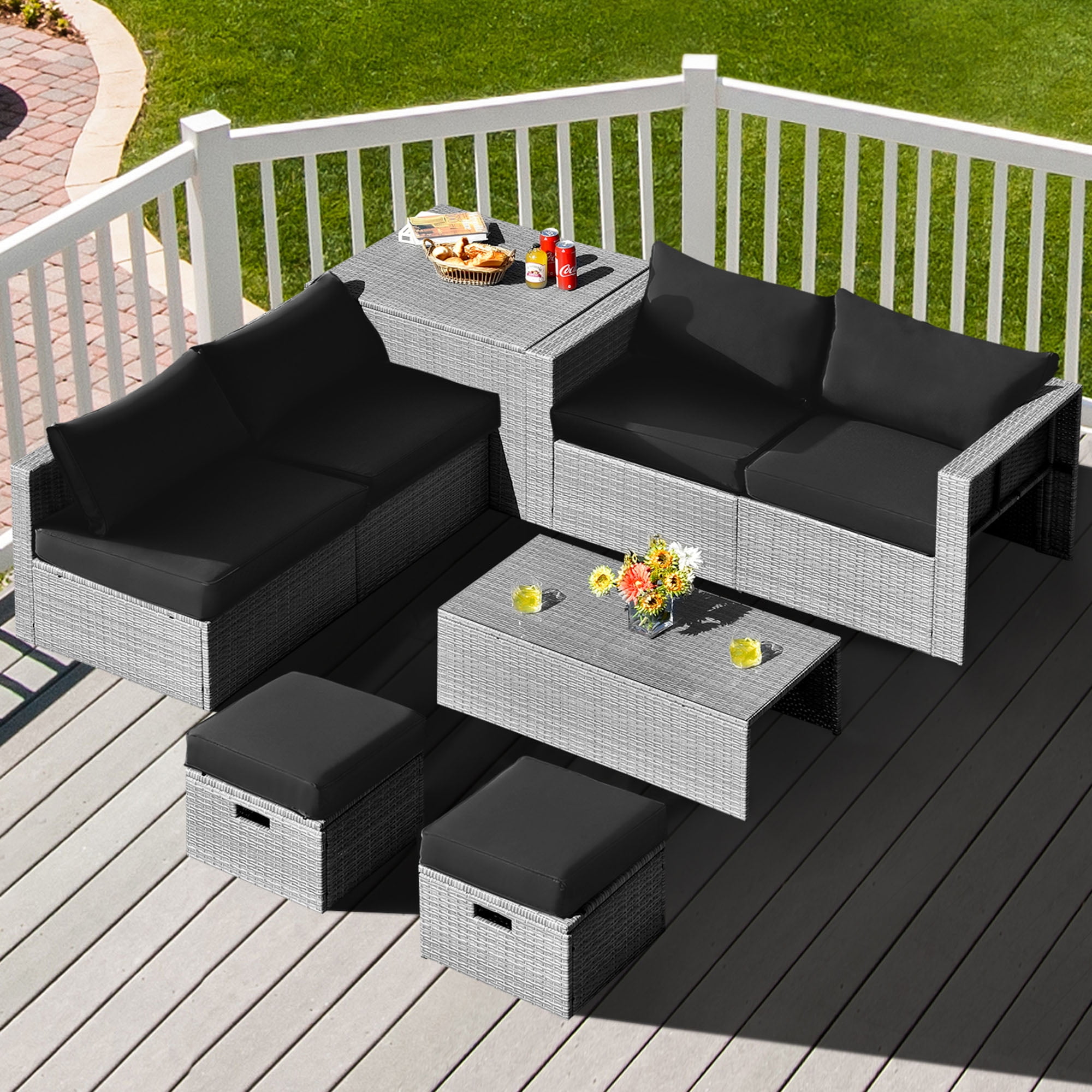 Gymax 8PCS Rattan Patio Space-Saving Furniture Set w/ Waterproof Cover ...