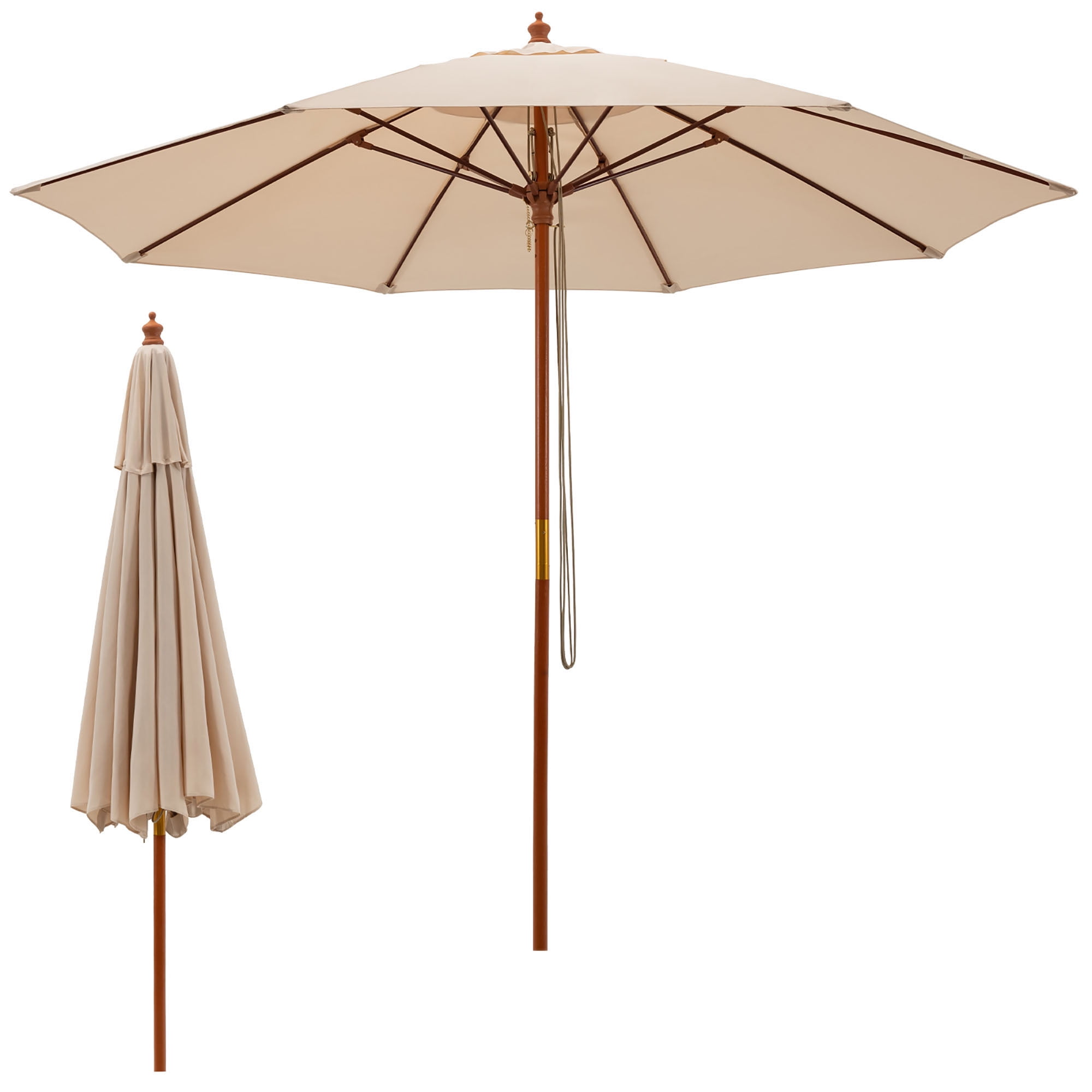 Gymax 9.5 FT Rope Pulley Wooden Umbrella Market w/ Fiberglass Ribs ...