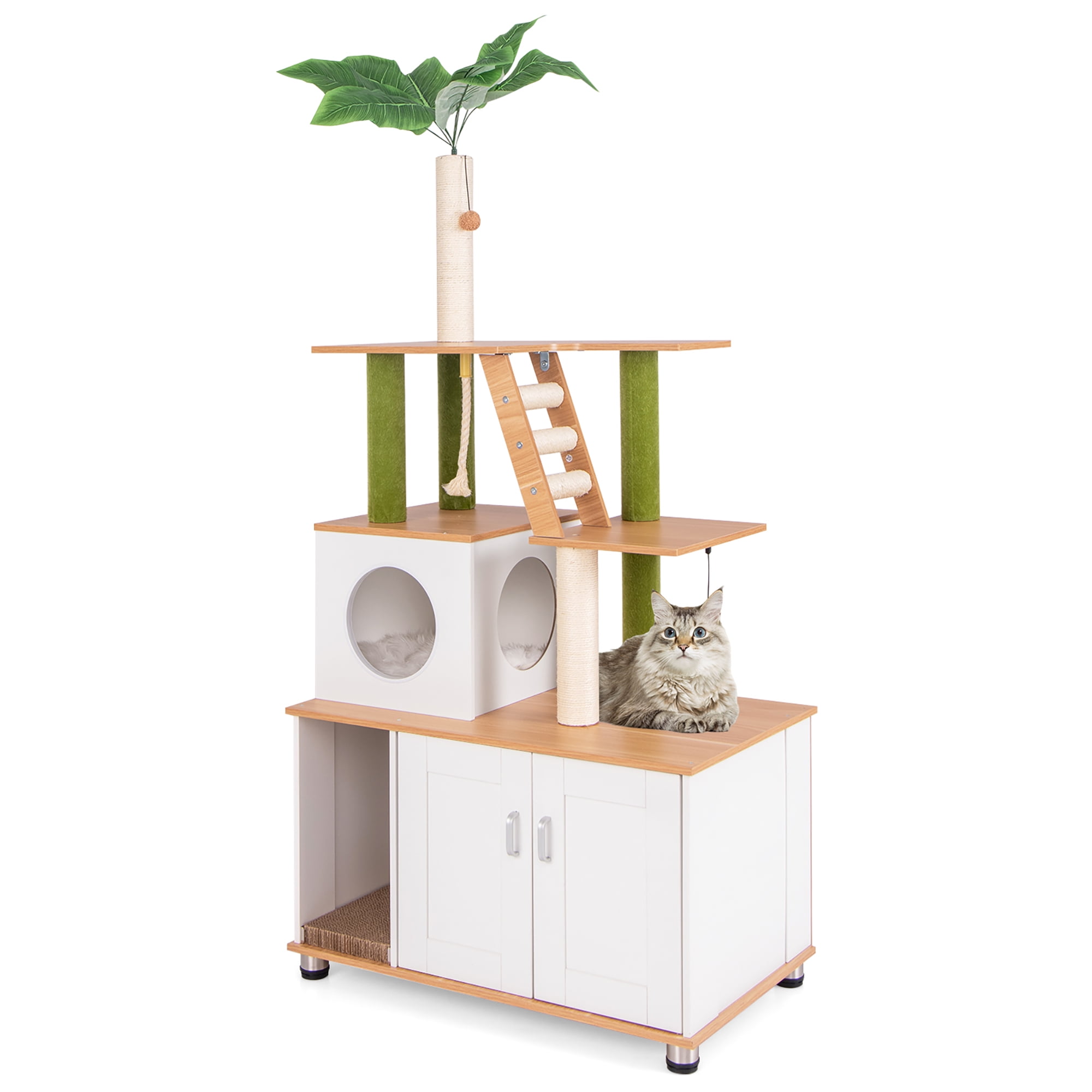 Gymax All-in-One Cat Tree w/ Litter Box Enclosure Cat Tower Scratching ...
