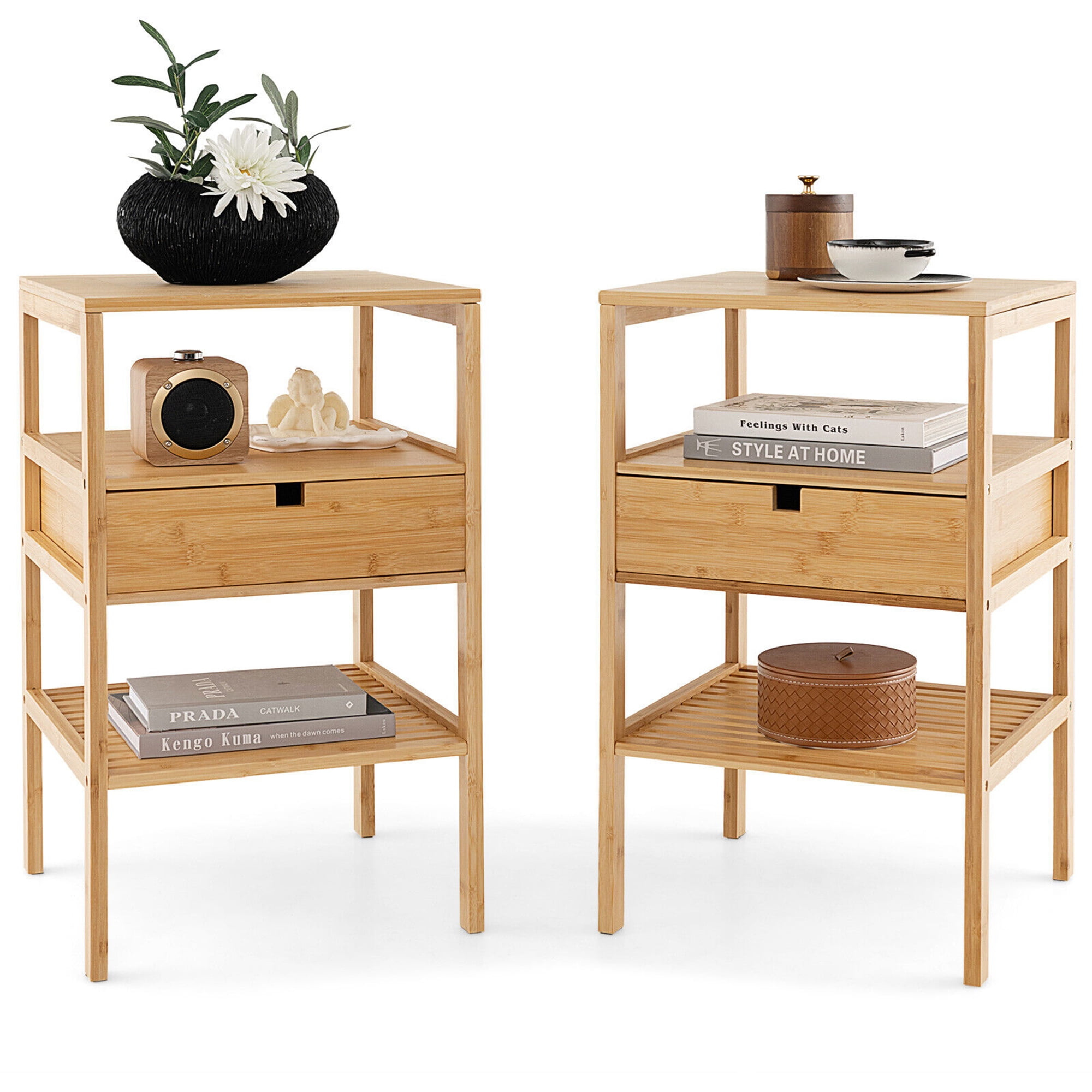 Gymax Bamboo Nightstands Set of 2 w/ Pull-out Drawer and Storage Shelf ...