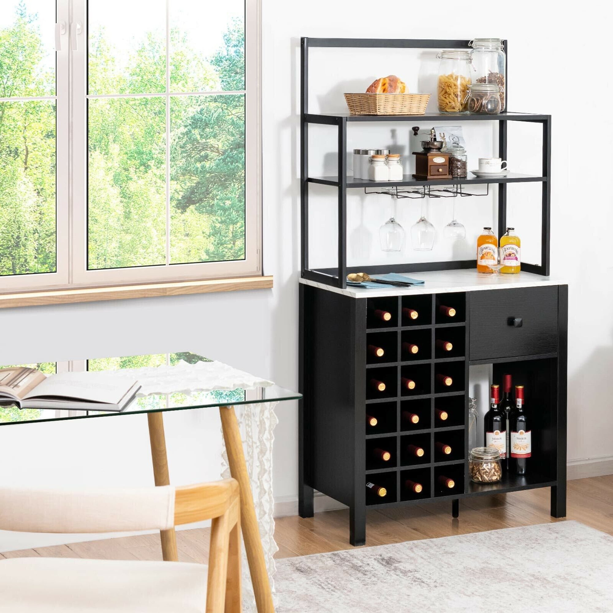 Gymax Black Kitchen Bakers Rack Freestanding Wine Rack Table w/ Glass ...