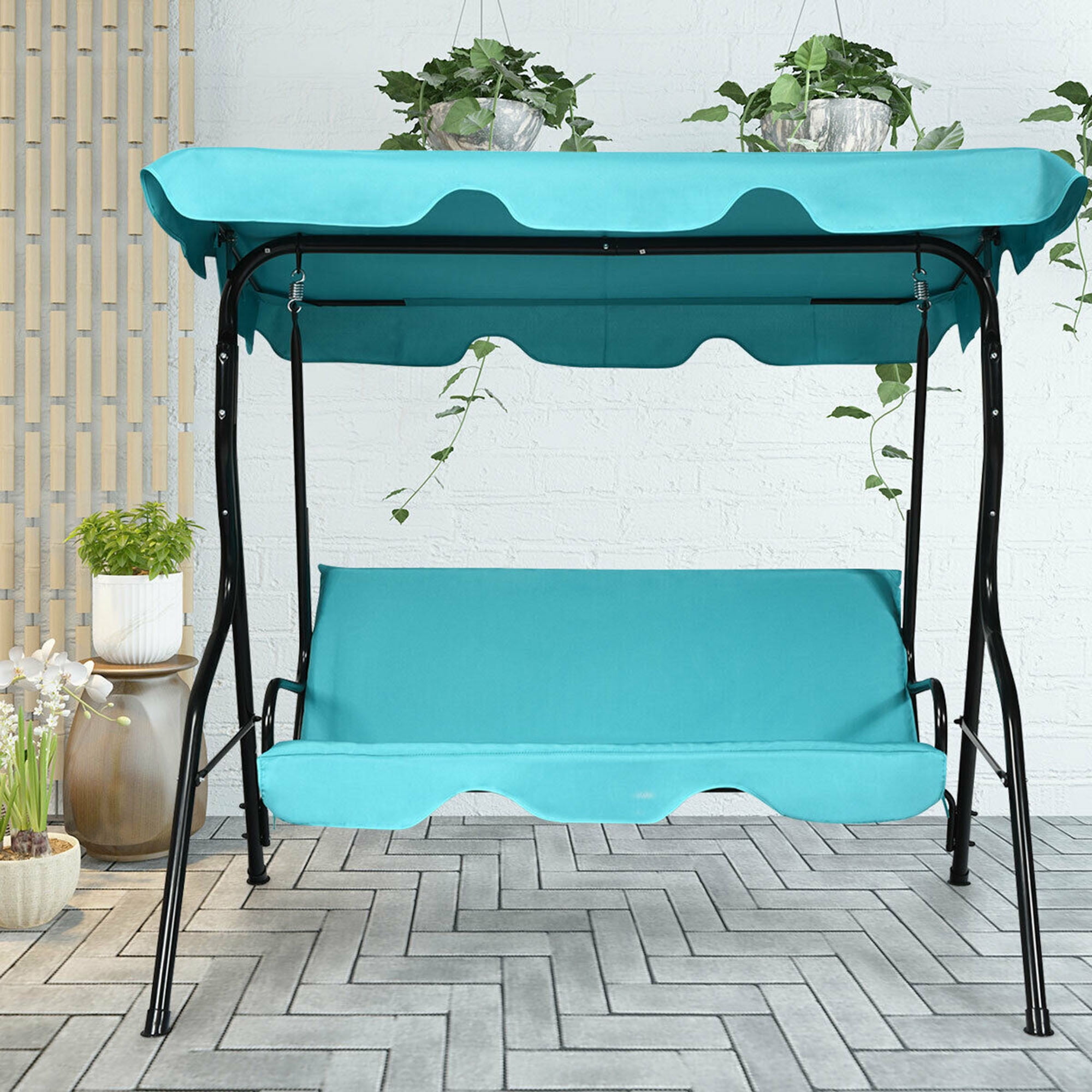 Gymax Blue 3-Person Outdoor Swing Chair, Canopy Hammock for Patio ...