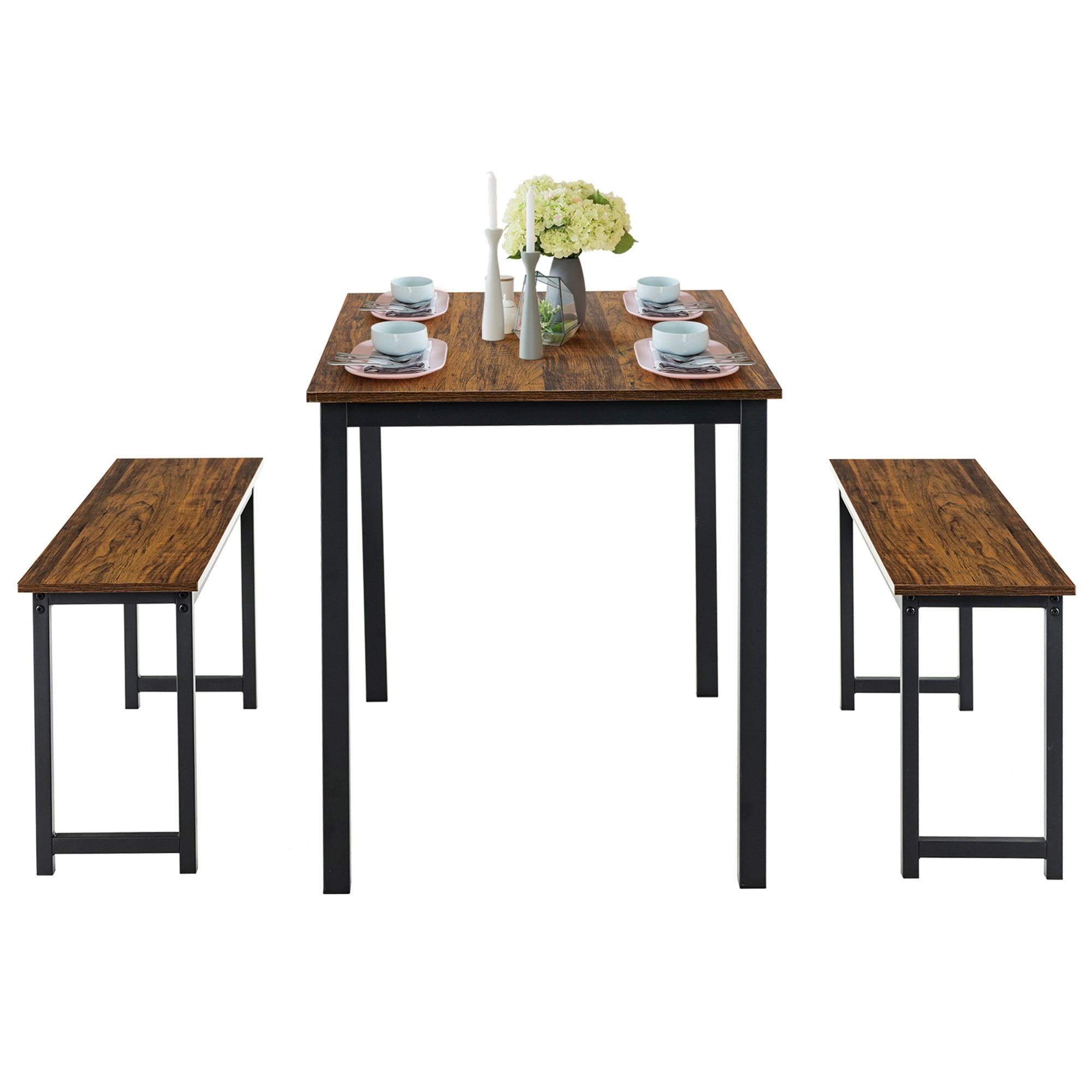 Free Shipping! Gymax 3 PCS Brown Dining Table Bench Set with Metal ...