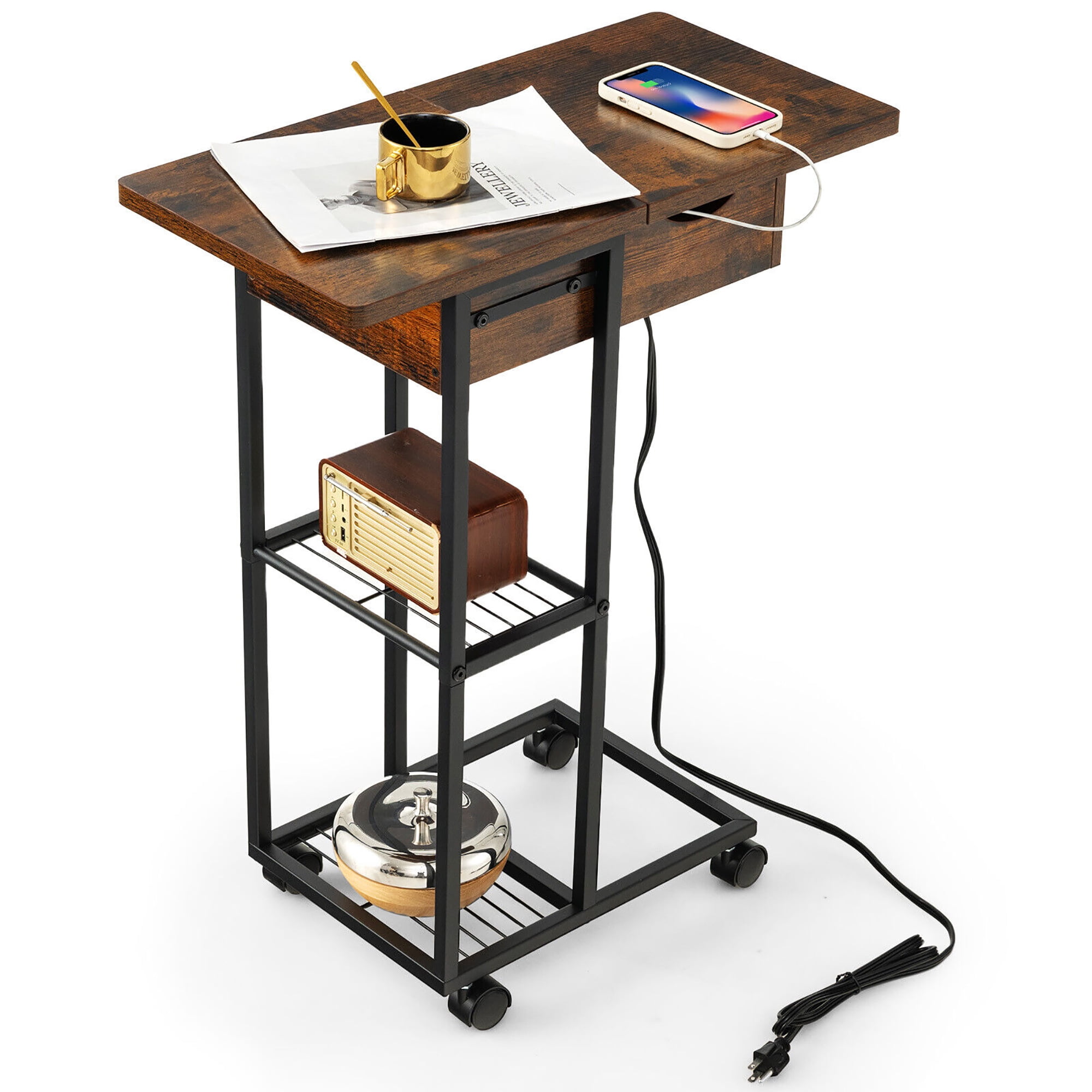 Gymax C-Shaped End Side Sofa Table Nightstand Flip-Up Top w/ Charging ...