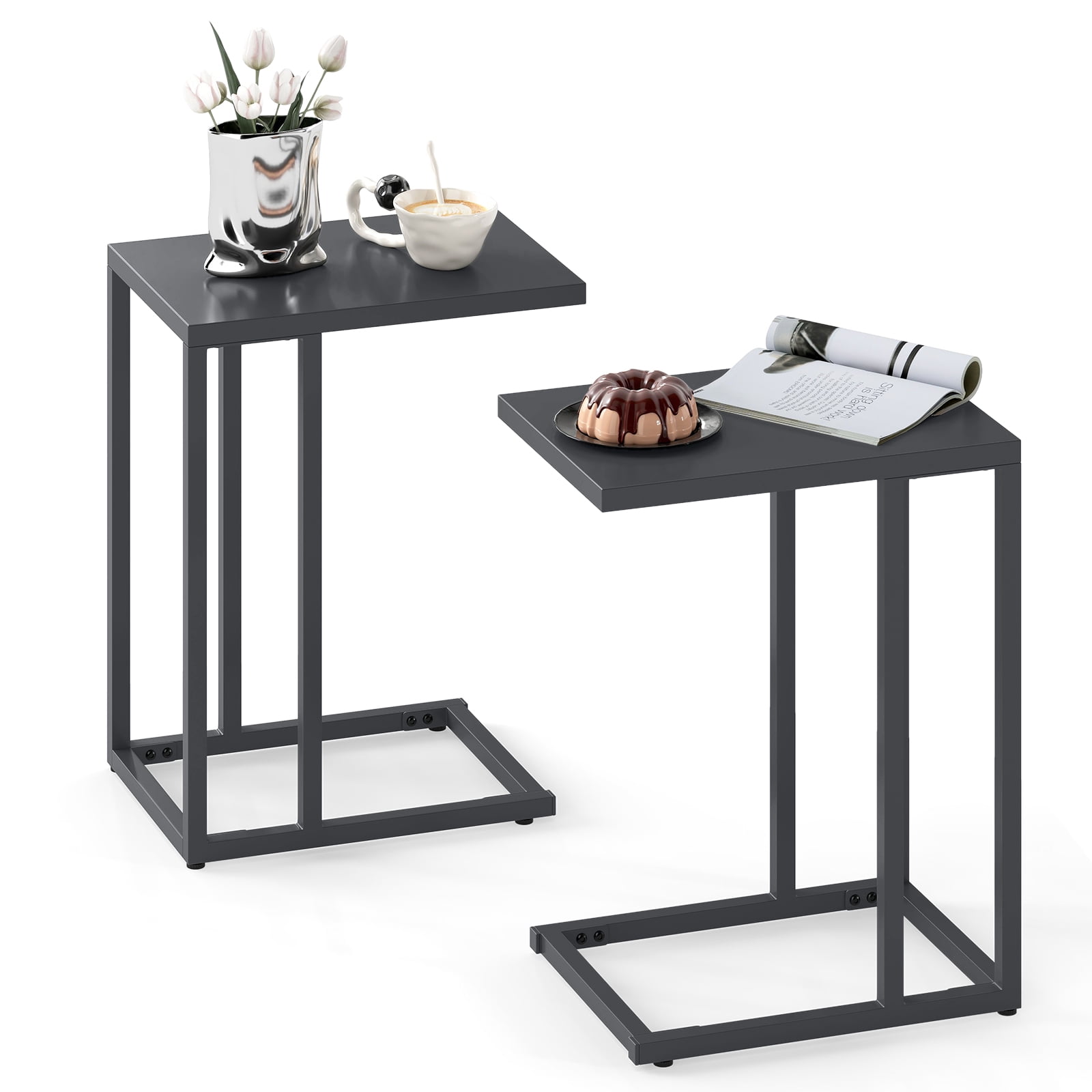 Gymax C Shaped End Table Set of 2 w/Metal Frame Sofa Table for Small ...