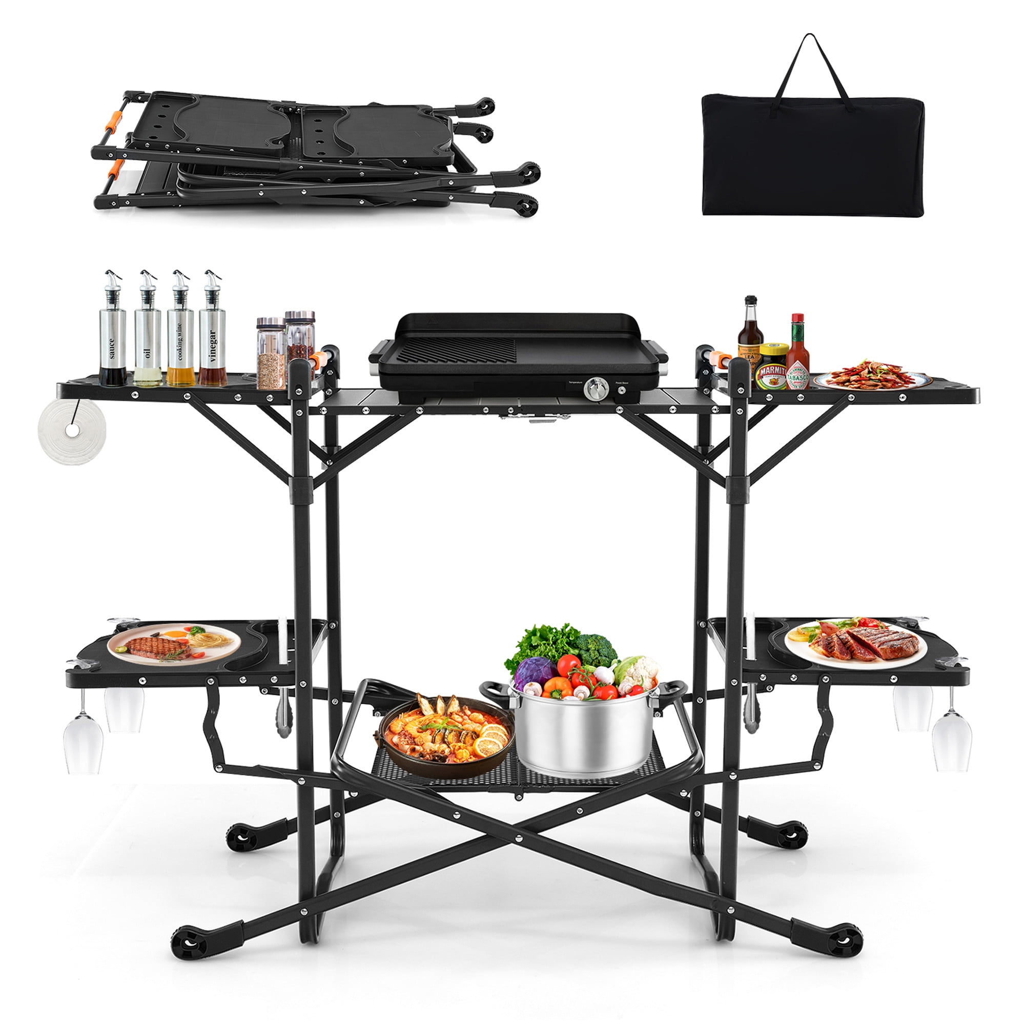 Gymax Camping Kitchen Table Folding Portable Outdoor Cook Station w/ 4 ...
